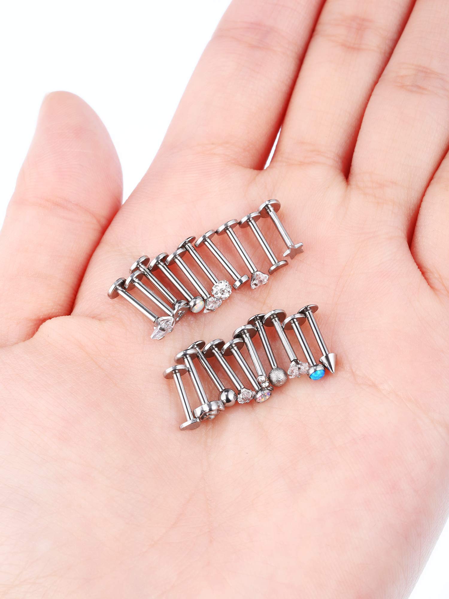 Sumind 20 Pieces 16g Tragus Piercing Jewelry Body Nose Piercing Labret Bars Crystal Style Ball for Women Men,20 Styles(Silver, AB Color, 8 mm)