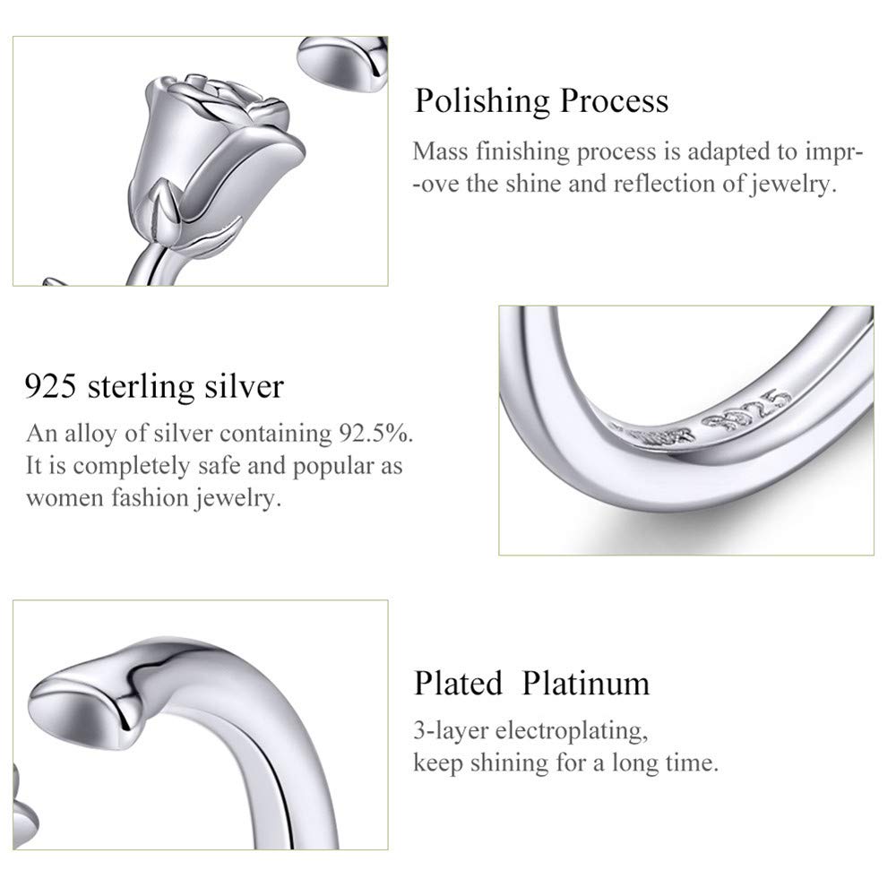 Tiny Rose Flowers Asymmetric Wrap Open Rings for Women Girls Sterling Silver Small Thin Adjustable Engagement Wedding Promise Statement Knuckle Finger Tail Rings Her Girlfriend Wife Valentine's Day