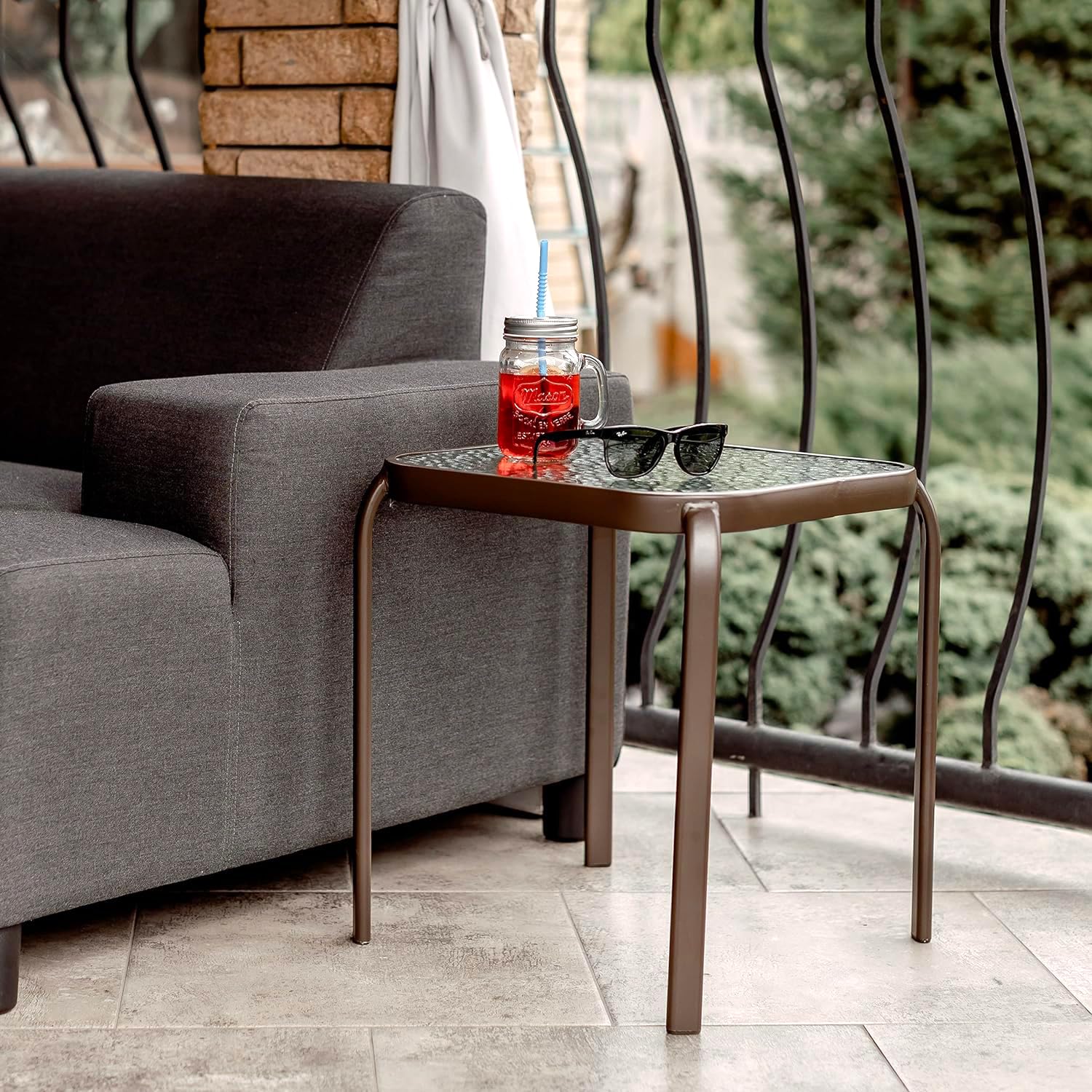 PROLISOK Bronze Metal Outdoor Side Table with Tempered Glass Top β Elegant Small 16" Square Patio Table β Durable Weather-Resistant Coffee Bistro Accent End Table for Outside and Garden