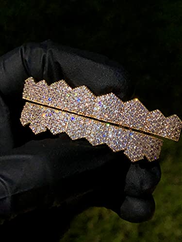 Shop-iGold 14k Gold Plated Iced Out Bling Gold Grillz for Mouth Top Bottom Hip Hop , 8 Teeth Grills for Teeth Mouth Set