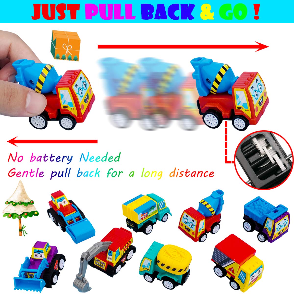 Tockrop 2" Pull Back Vehicles 12 Pack Assorted Mini Construction Truck Set - Perfect Easter Egg and Pinata Filler - Gift for Toddlers Boys Girls Kids Pull Back & Go Car Toy Play Set