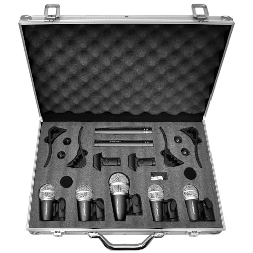 Pyle 7-Piece Wired Dynamic Kit-Kick Bass, Tom/Snare & Cymbals Microphone Set-for Drums, Vocal, & Other Instrument-Complete with Thread Clip, Inserts, Mics Holder & Case, Black