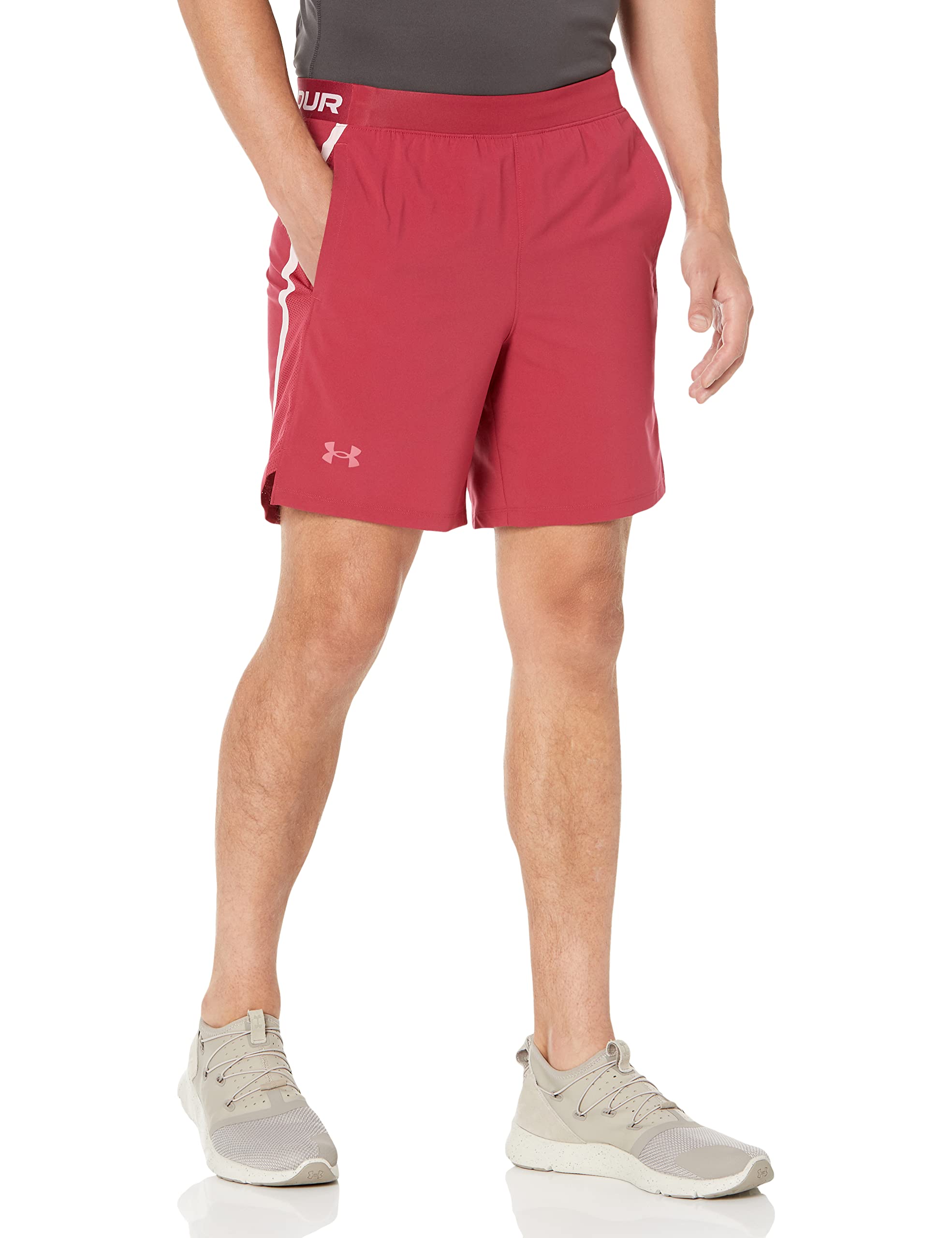 Under Armour Men's Launch Stretch Woven 7-Inch Wordmark Shorts, Black Rose (664)/Reflective, Large