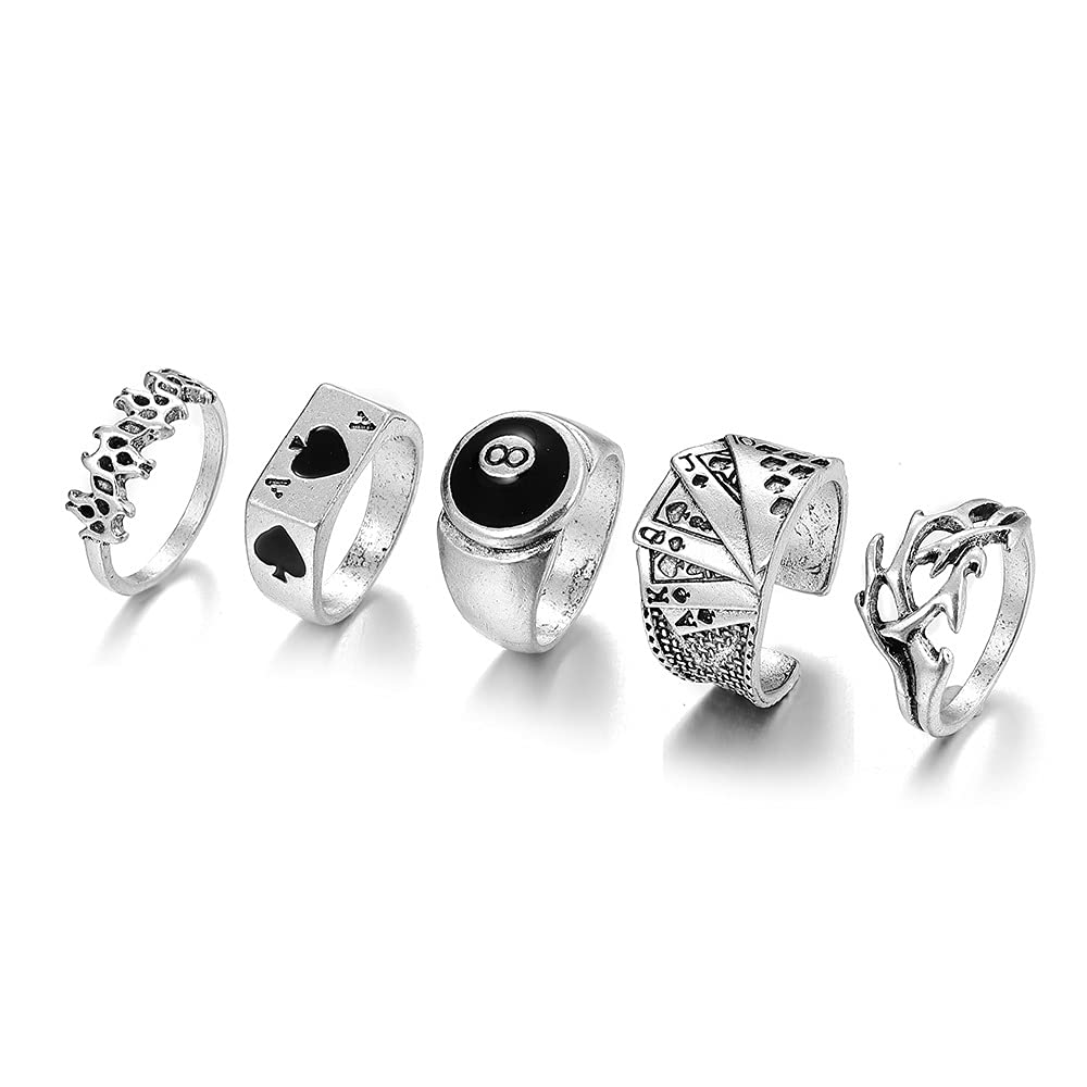 ZMANYIJEW Silver Men Ladies Rings Set, Adjustable Rings, Cross Rings, Twist Rings, Billiard Rings, Solitaire Rings, Cool Gothic Rings, Silver Pearl Simple Line Stackable Ring Sets (19pcs, Alloy)