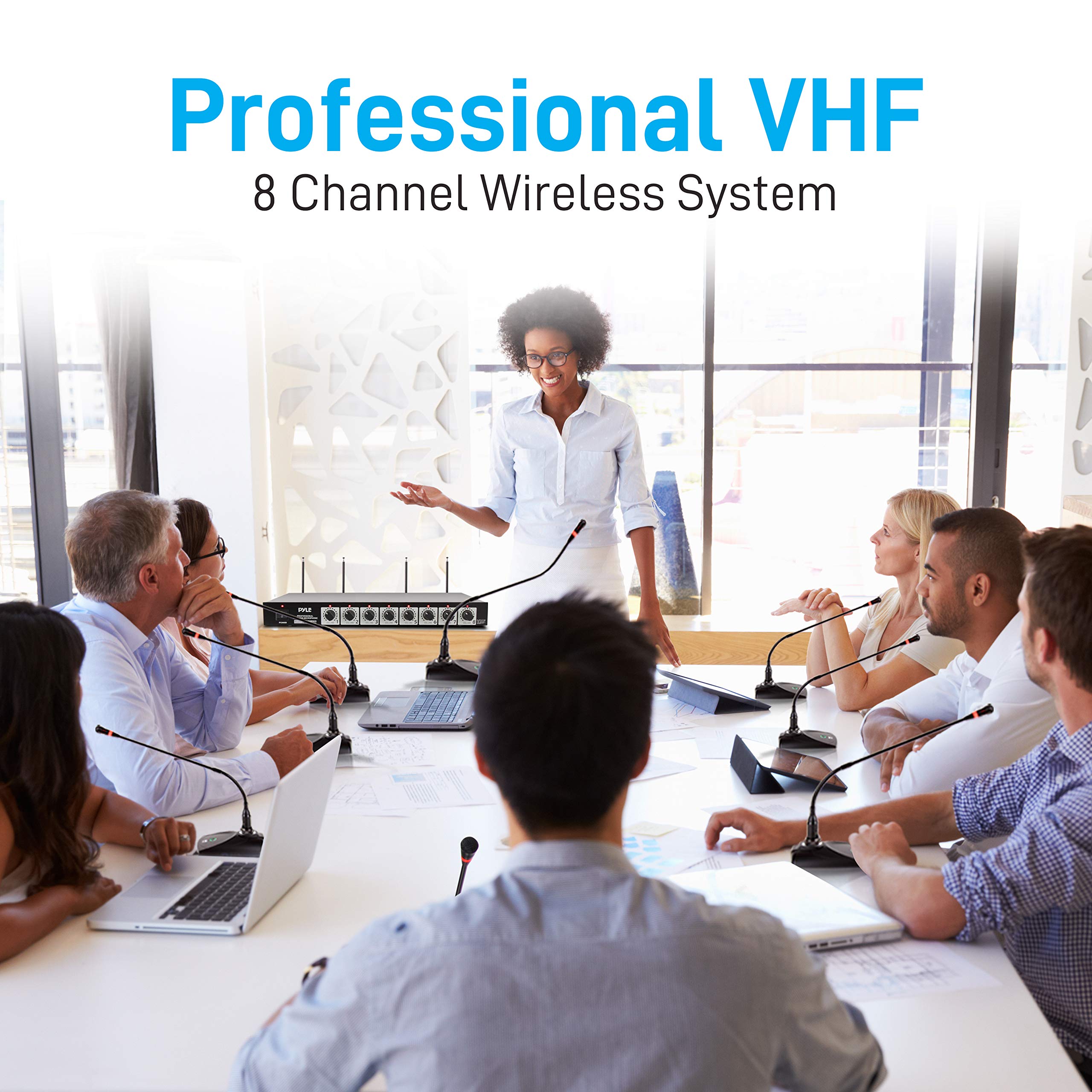 Pyle 8 Channel Wireless Microphone System - Portable VHF Cordless Audio Mic Set with 1/4" and XLR Output, Dual Antenna, - Includes 8 Table Top Mics, Rack Mountable Receiver Base - Pyle PDWM8300,Black