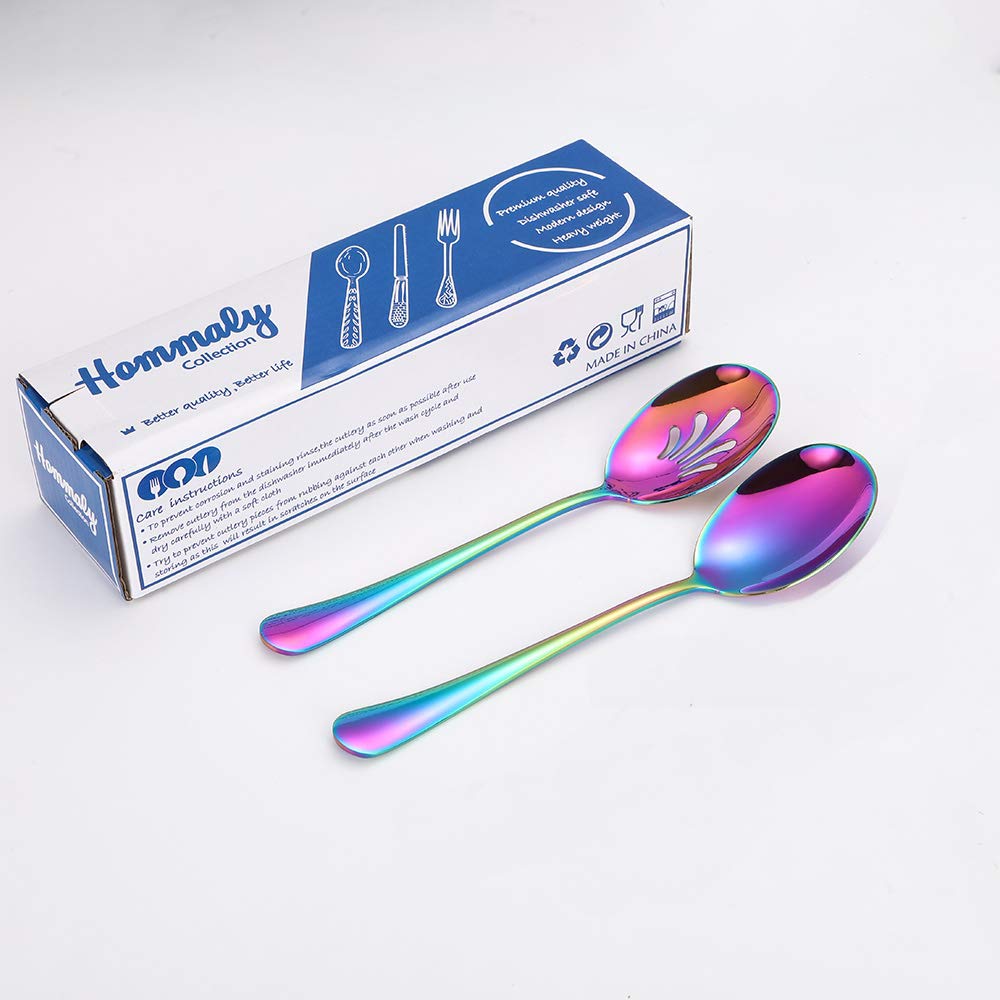Rainbow Serving Spoons x 4, Rainbow Slotted Spoons x 4, 8.7 inches Rainbow Stainless Steel Serving Spoons Set for Buffet Can Banquet Cooking Kitchen-S (Rainbow4+4)