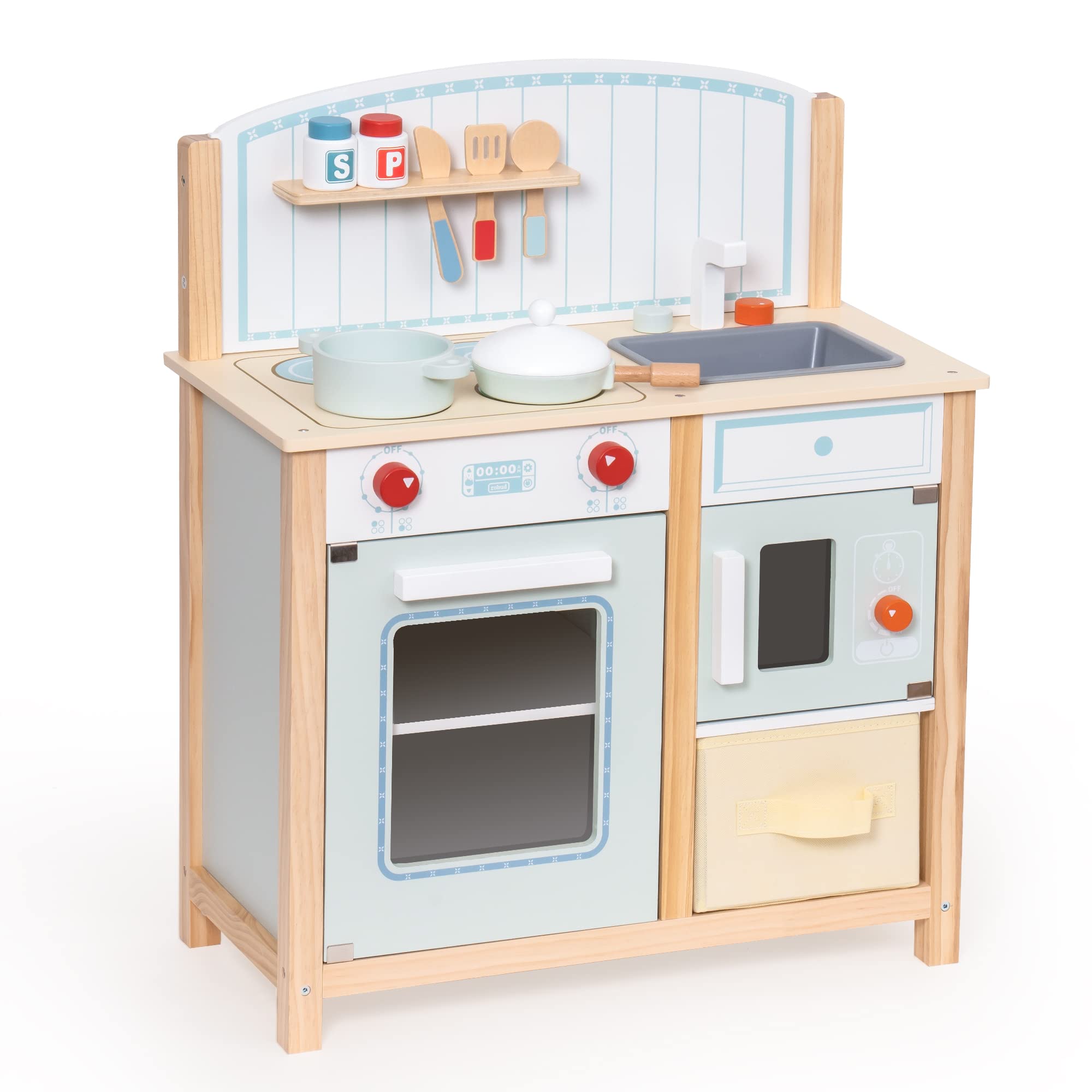 ROBOTIME Wooden Kitchen Playset for Toddlers Girls Kids Play Kitchen with Storage Bin,Pretend Play Toy Kitchen for Kids Ages 3+(Blue)