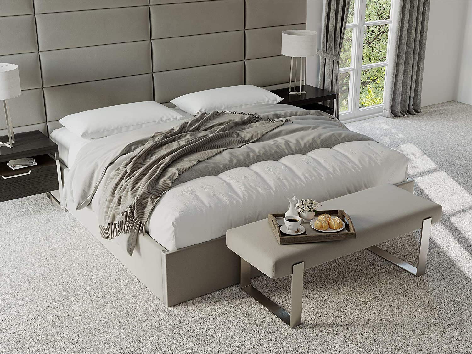 VANT Upholstered Bed Bench - Light Grey - Brushed Nickel - Contemporary Modern, Accent Bench for End of Bed, Hallway, or Entryway
