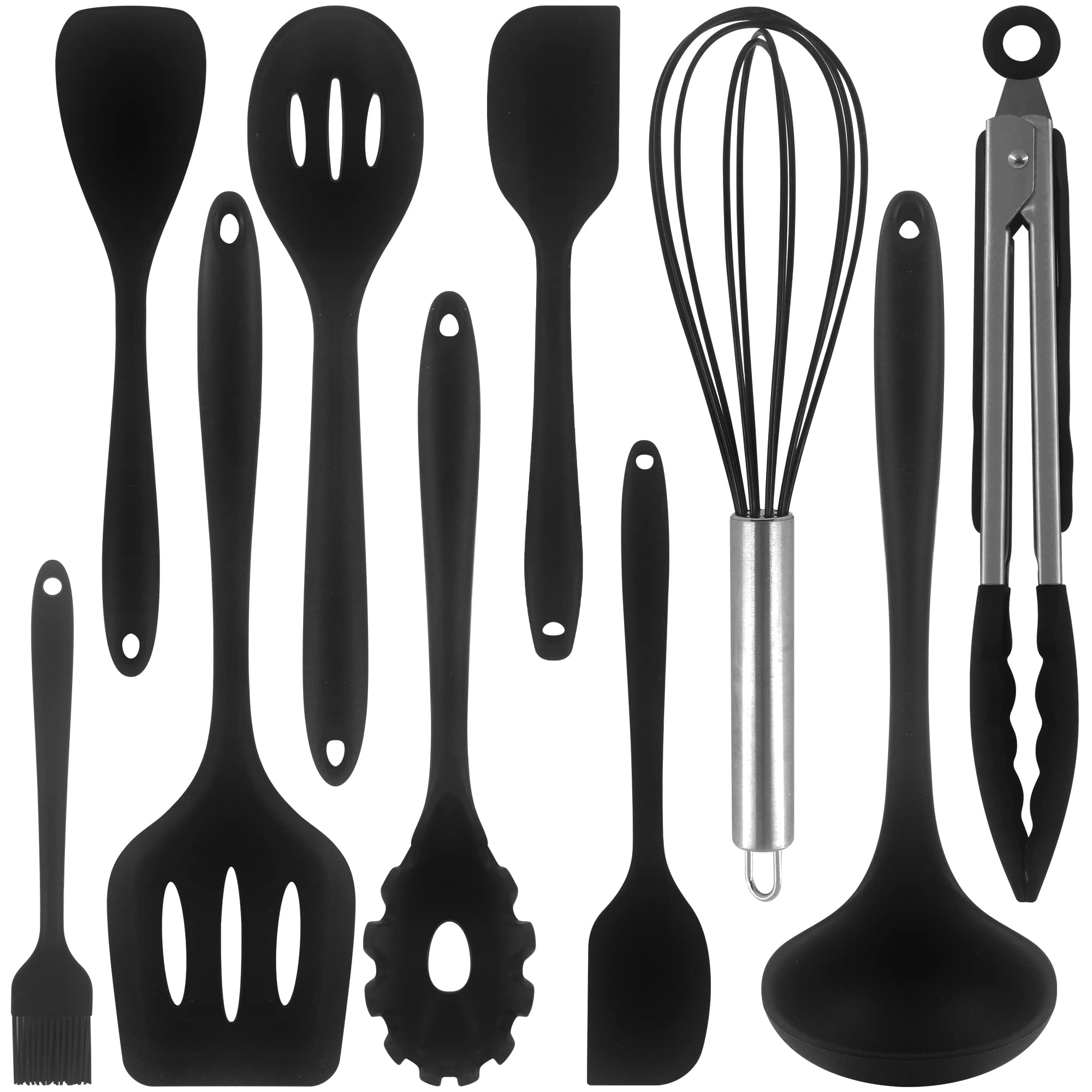 Silicone Kitchen Cooking Utensils Set 10 pcs - Heat Resistant Kitchen Gadgets, Turner,spatula, Pasta fork, Wisk, Kitchen tongs, Basting brush-BPA FREE Gadgets for Non-Stick Cookware