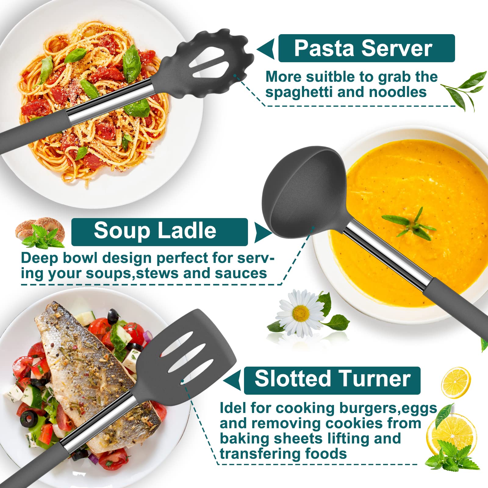 Silicone Kitchen Utensils Set Utensilios de Cocina Cucharas de Silicona Para Cocina 33Pcs Silicone Cooking Utensils Set for Nonstick Cookware Dishwasher Safe (Grey)