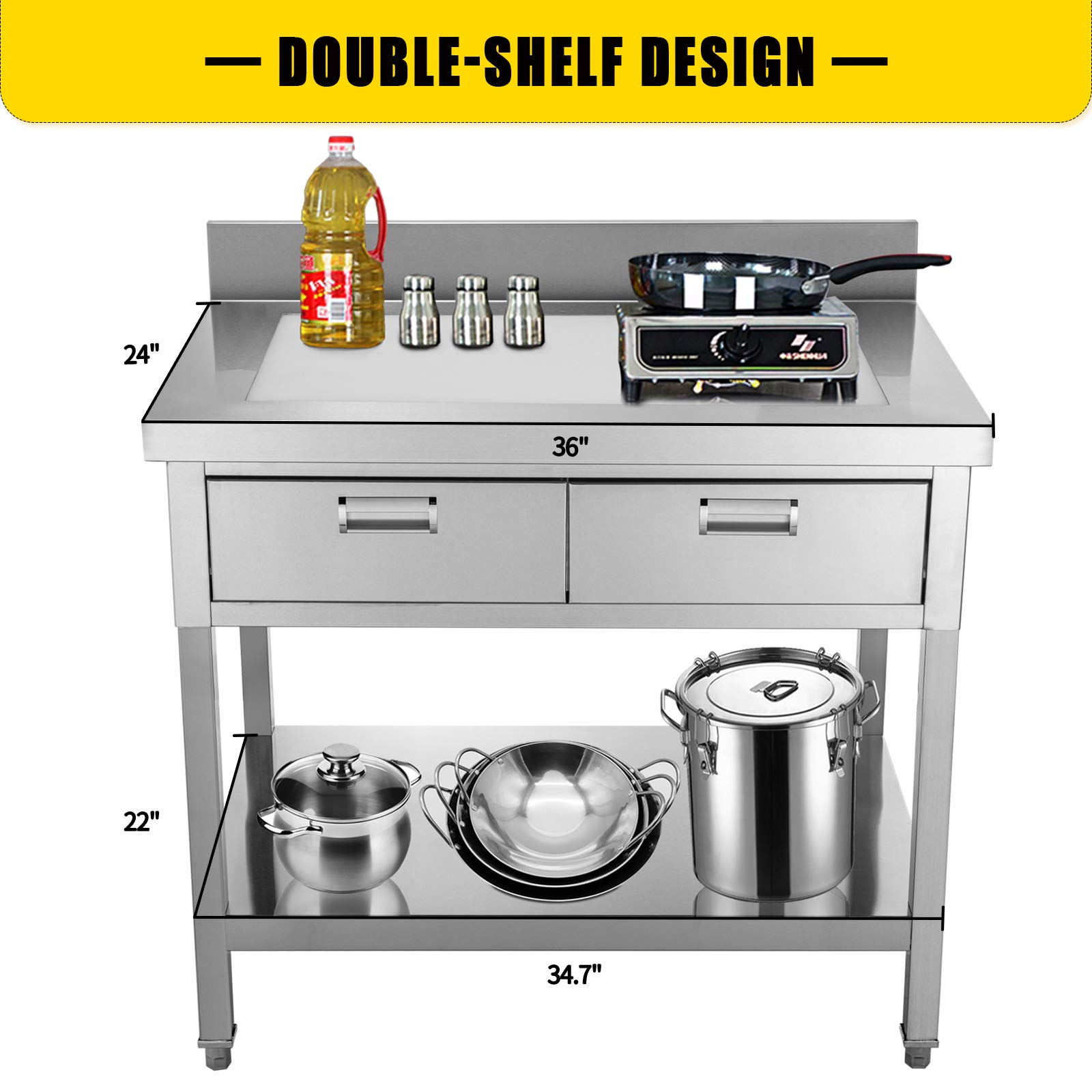 VEVOR Stainless Steel Work Table 24 x 48 in Commercial Food Prep Worktable with 2 Drawers, Undershelf and Backsplash, 992 lbs Load Stainless Steel Kitchen Island for Restaurant, Home and Hotel