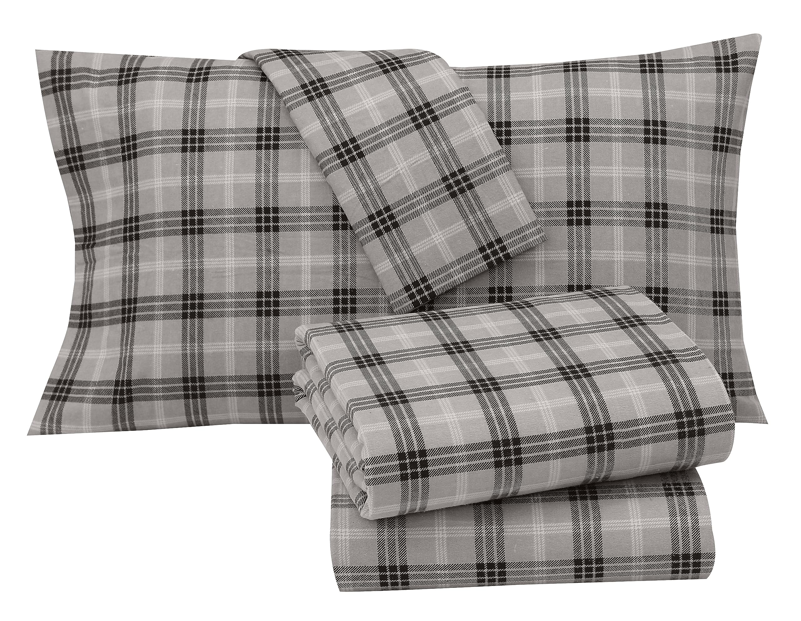 RUVANTI Flannel Sheets Full Size - 100% Cotton Brushed Flannel Bed Sheet Sets - Deep Pockets 16 Inches (fits up to 18") - All Seasons Breathable & Super Soft - Warm & Cozy - 4 Pcs - Dark Grey Plaid