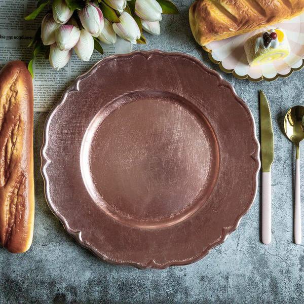 TABLECLOTHSFACTORY 13" Metallic Blush Rose Gold Scalloped Edge Acrylic Plastic Charger Plates for Table Decor -Set of 6