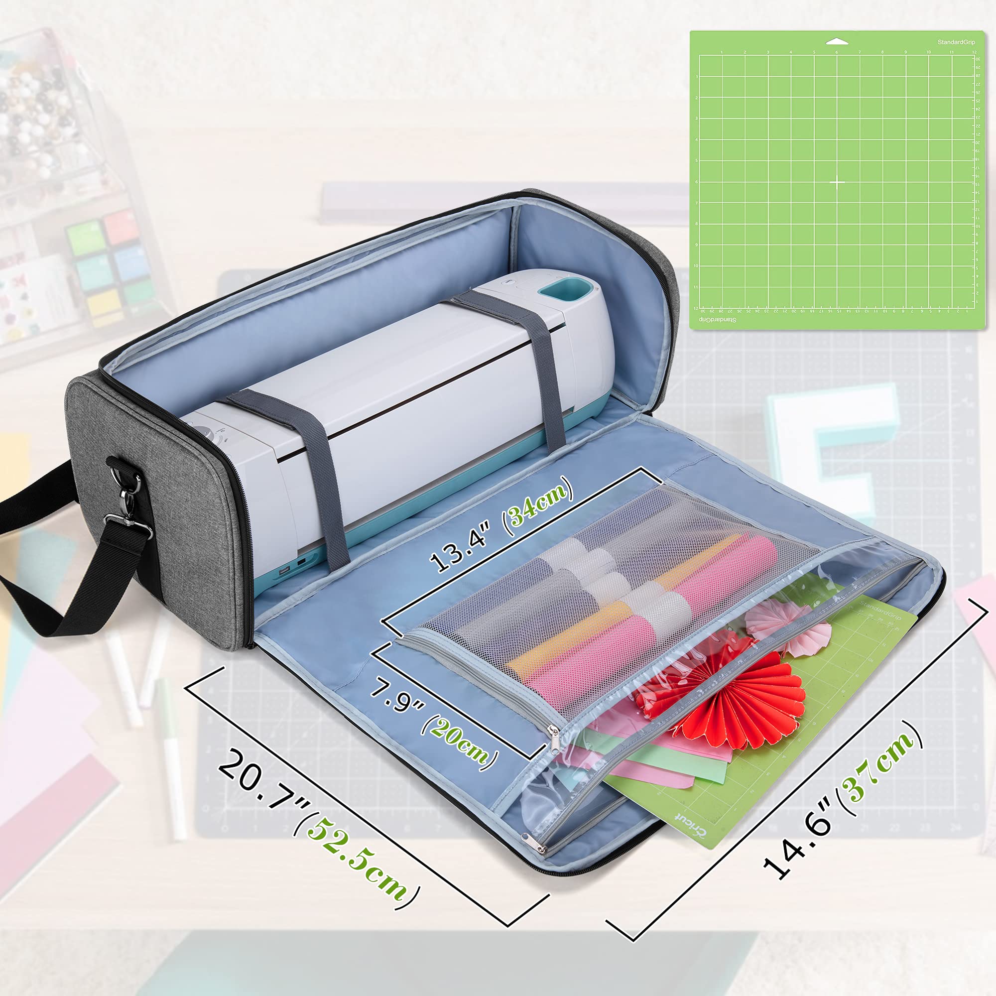 Yarwo Carrying Case Compatible for Cricut Maker, Explore Air 2, Silhouette Cameo 4 and Cameo 3, Large Opening Die Cut Machine Bag for Cutting Mat (12" x 12") and Supplies, Gray