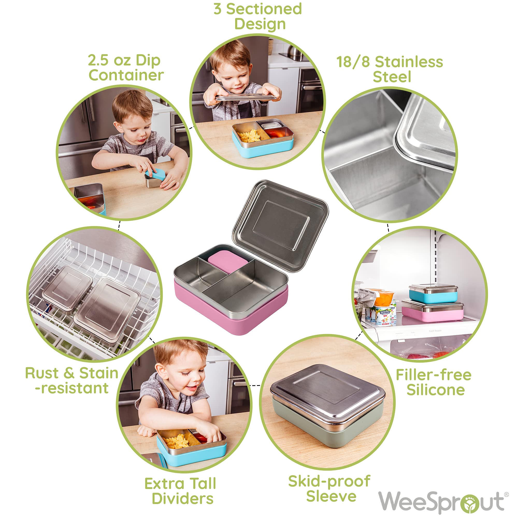 WeeSprout 18/8 Stainless Steel Bento Box (Compact Lunch Box) - 3 Compartment Metal Lunch Containers, Skid-proof Silicone Sleeve, for Kids & Adults, Bonus Dip Container, Fits in Lunch Bag & Backpack