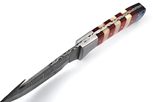 zZZ Damascus Gut Hook Skinning hunting Knife With Leather Sheath- Best Damascus Steel American Flag Hunting Knife