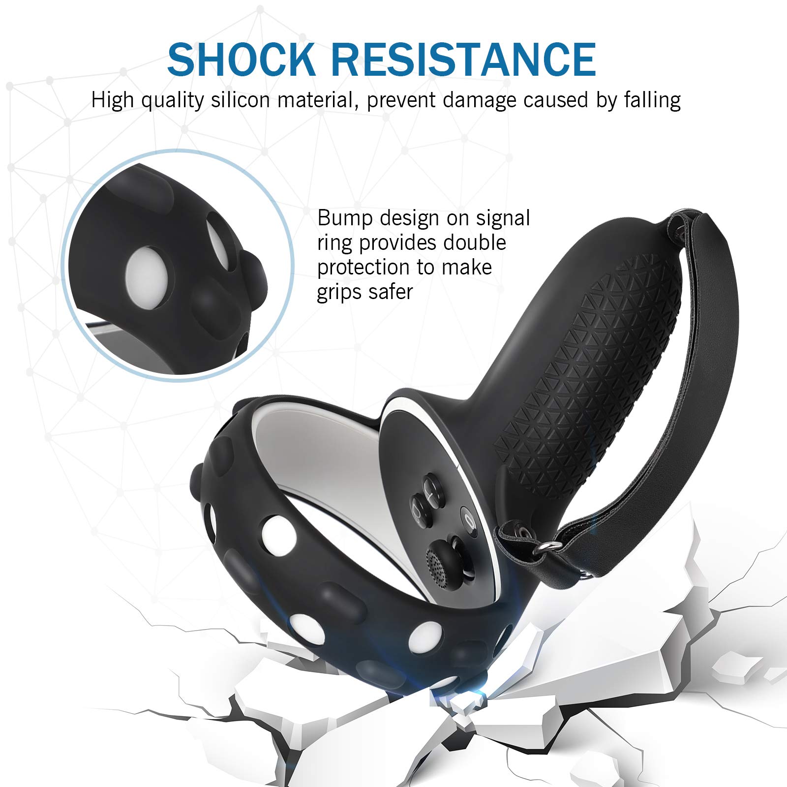 Touch Controller Grip Cover for Oculus Quest 2, Kuject Full Coverage Anti-Throw Handle Protective Sleeve, Lengthened Bottom with Adjustable Hand Strap Black