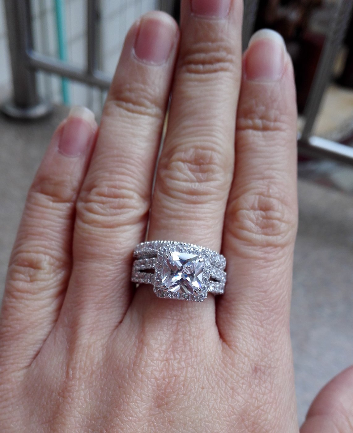 Wuziwen 4Ct Engagement Rings for Women Sterling Silver Cubic Zirconia Wedding Bridal Ring Set With 2 Band Size 7.5
