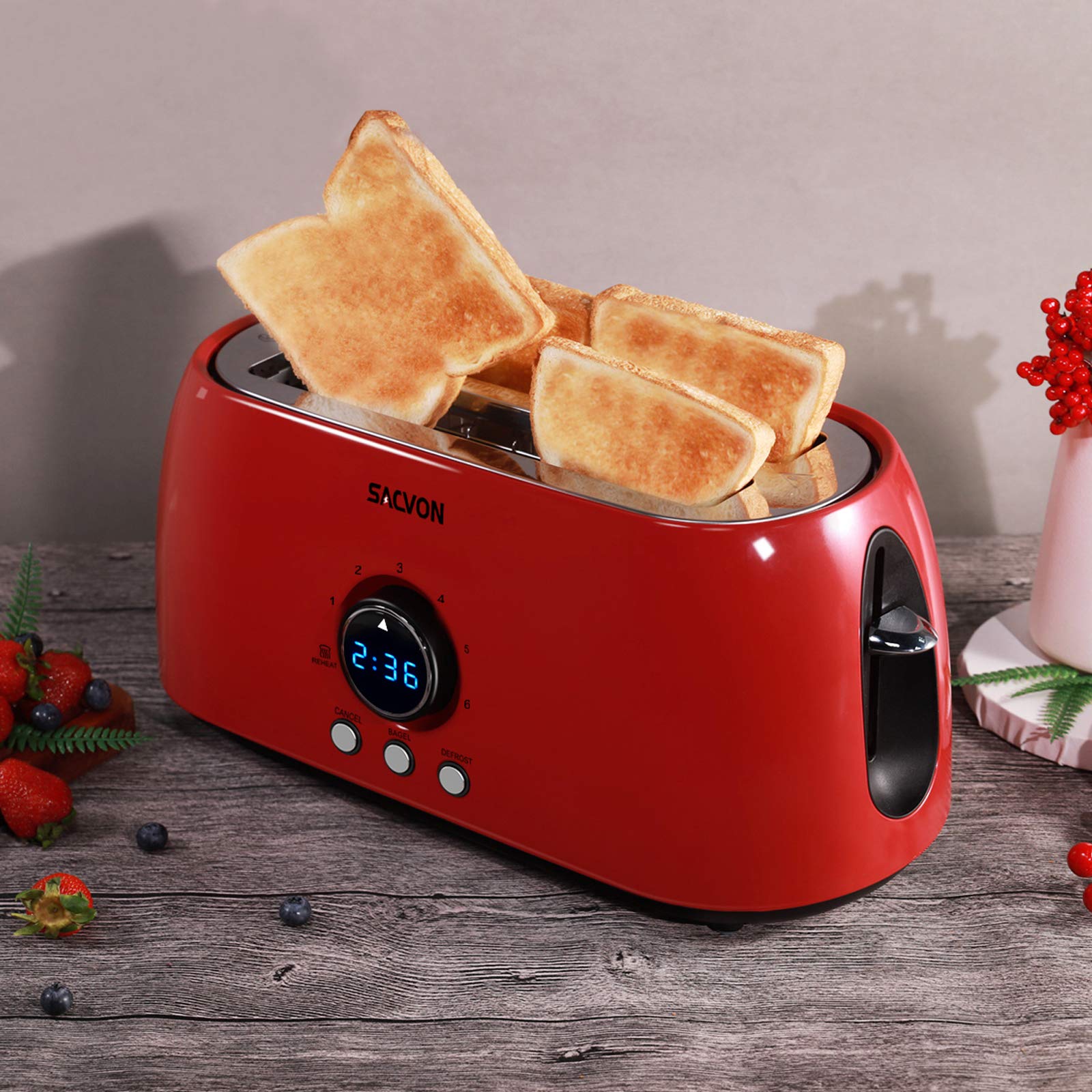 Toaster 4 Slice Long Slot, SACVON Stainless Steel Retro Toasters with Big Timer, Removable Crumbs Tray, Red (Red)