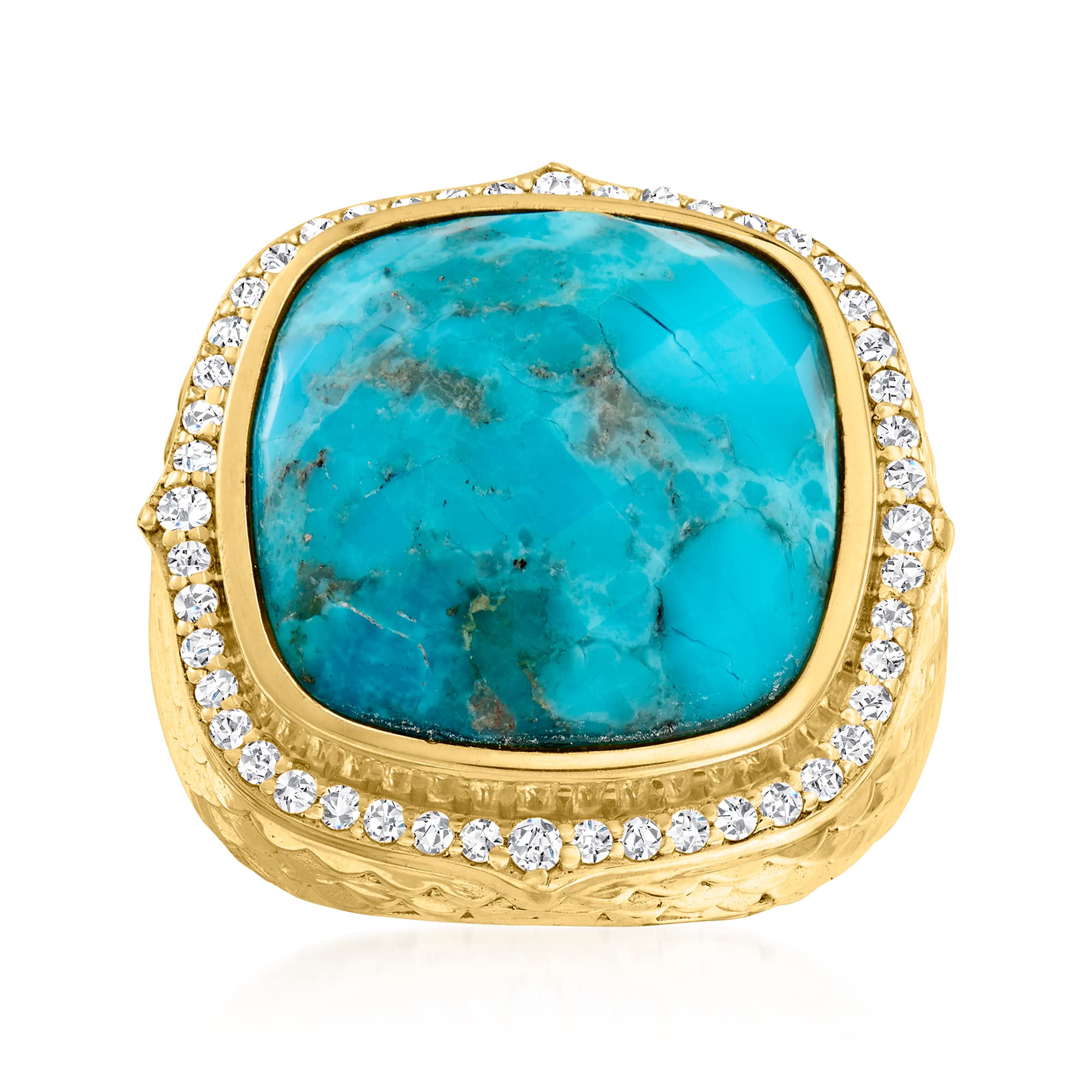 Ross-Simons Turquoise and .70 ct. t.w. White Zircon in 18kt Gold Over Sterling. Size 8