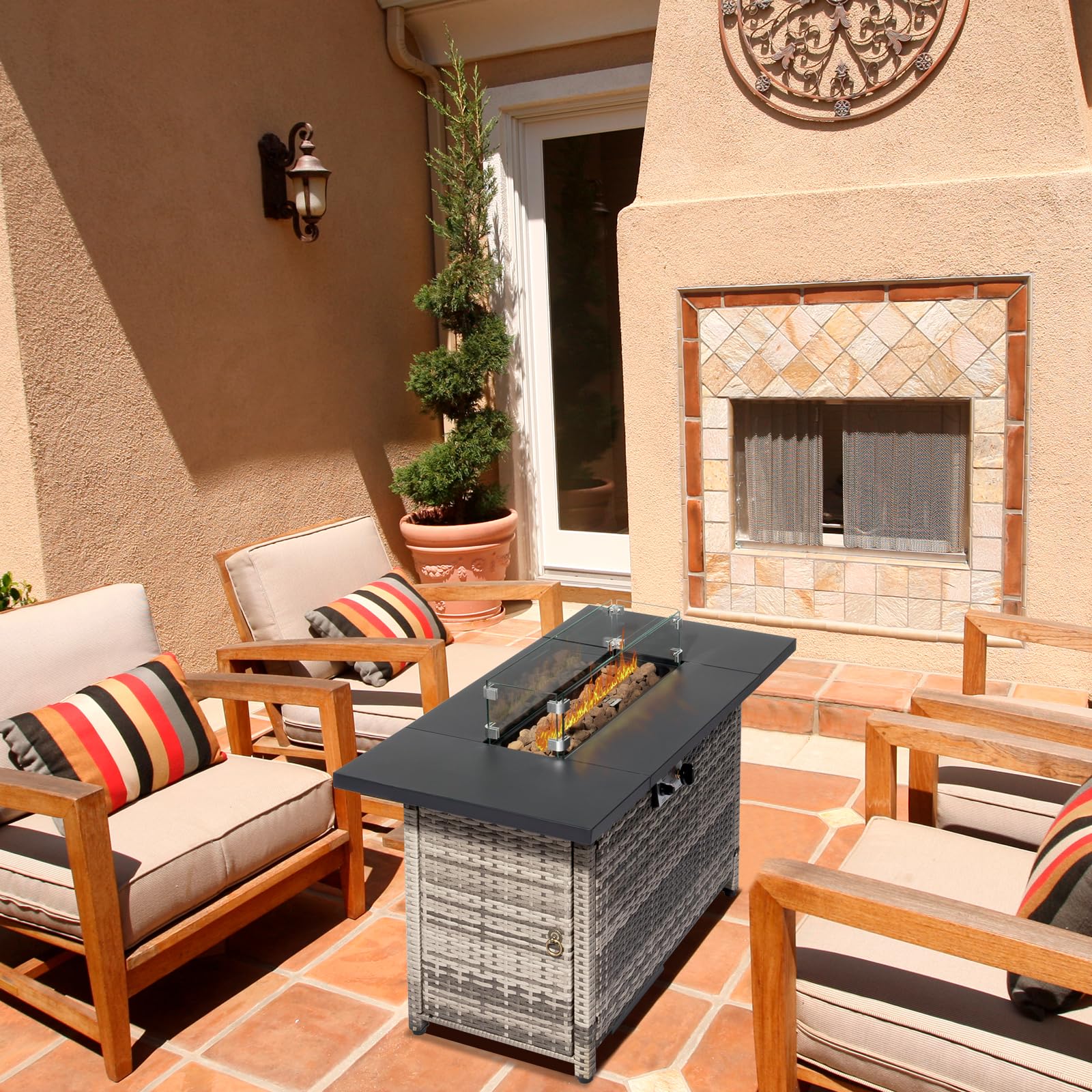 Propane Fire Pit Table, Outdoor Gas Fire Pit Rectangle 50000 BTU, 43 Inch Fire Table for Outside Patio with Auto Ignition, Aluminum Tabletop, Glass Wind Guard, Cover, Beige Wicker