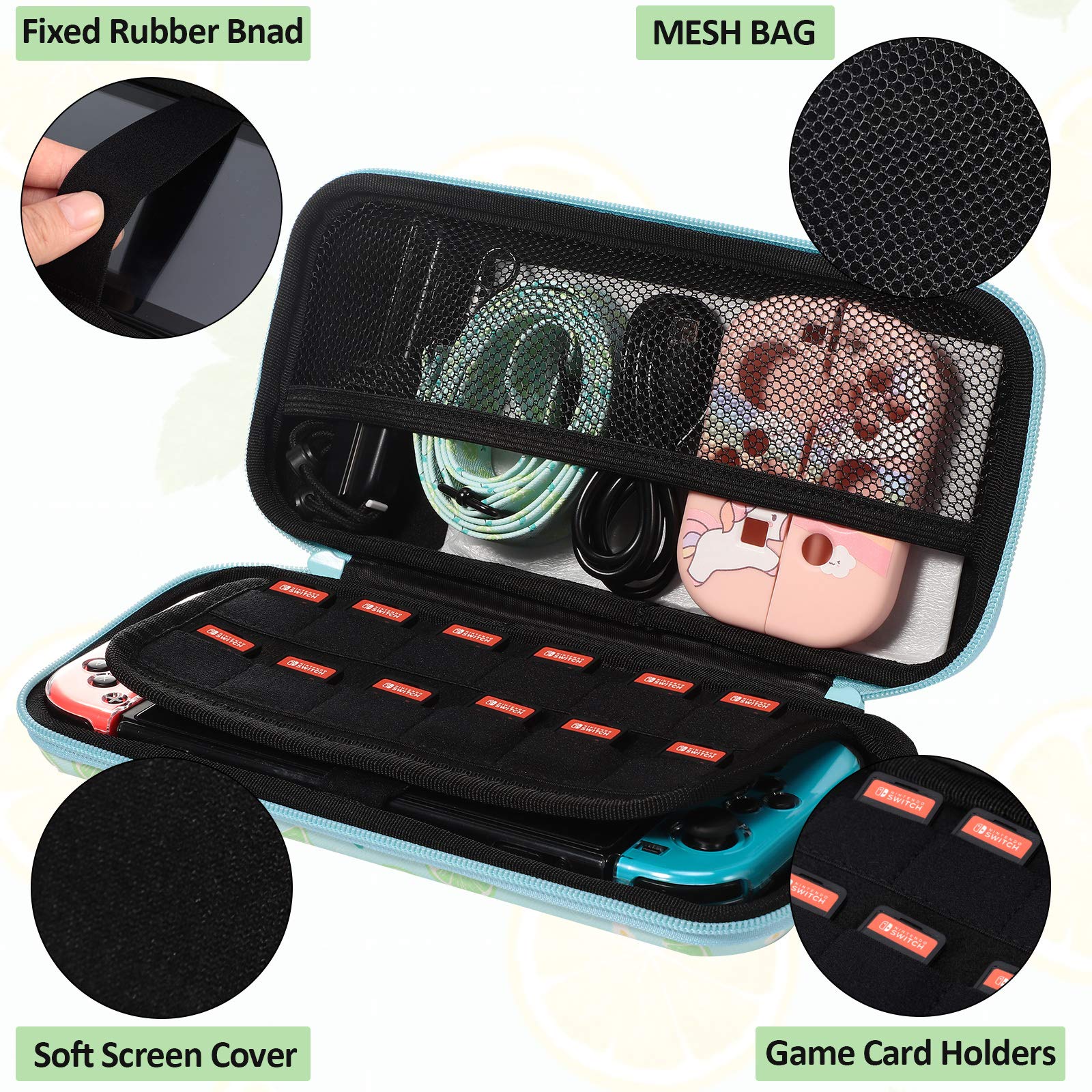 Weewooday Green Lemon Printed Carry Case Compatible with Nintendo Switch Accessories and Hard Shell Protective Case and Screen Protector, 4 Pieces Thumb Grip Covers and Data Cable