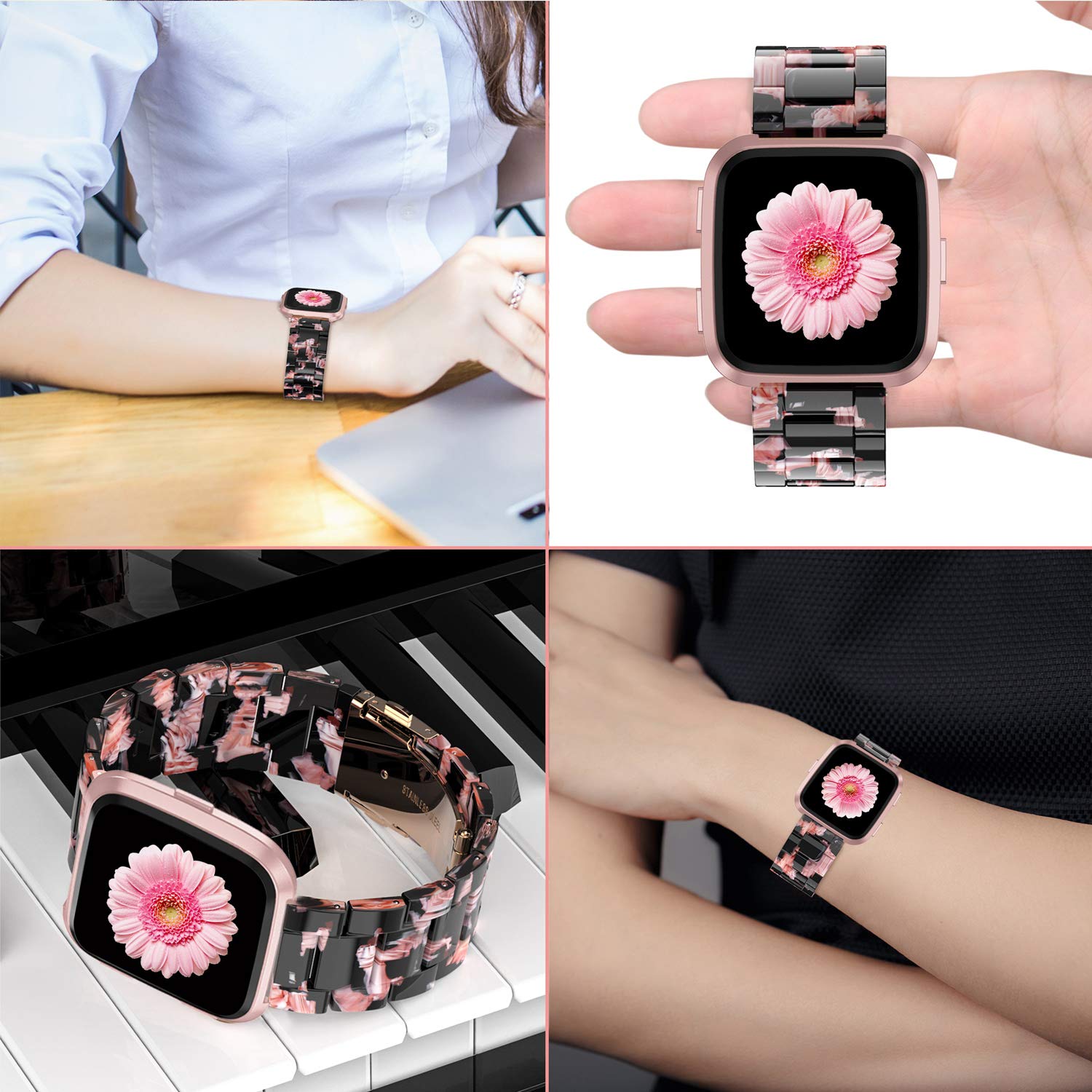 Wearlizer Resin and Stainless Steel Compatible with Fitbit Versa/Versa 2 /Versa Lite/Versa SE Bands Women Men, Lightweight Replacement Compatible with Fit bit Versa, Pink