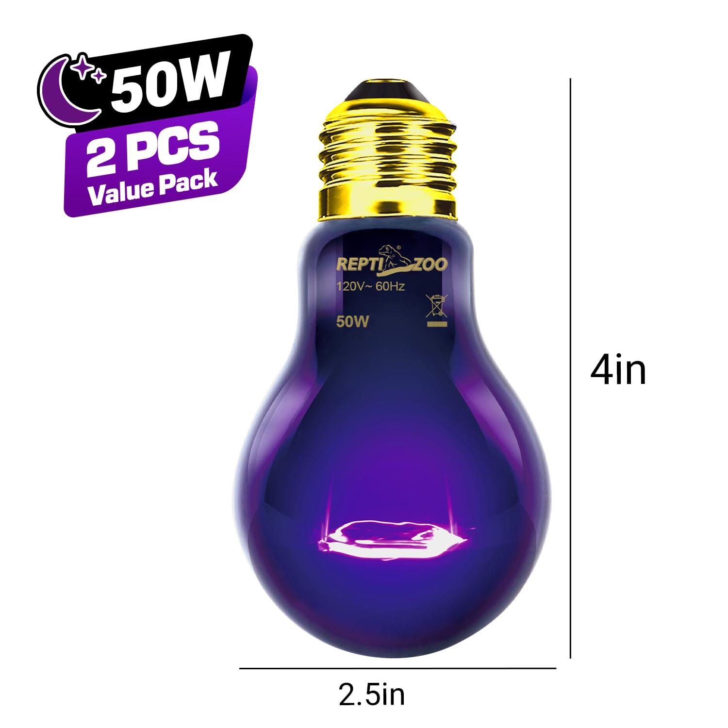 REPTIZOO 2PCS Reptile Night Heat Lamp, 50W Moonlight Heat Bulb Infrared Heating Lamp Purple Reptile Heat Lamp Night Bulb for Bearded Dragon, Lizard, Snake, Turtle