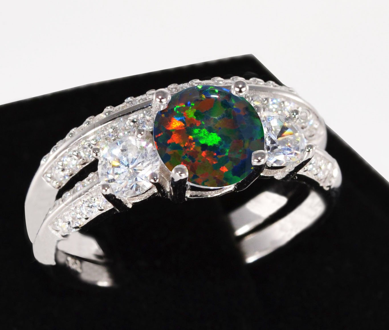 Round Simulated Black Fire Opal Dual Layered Clear CZ Wedding Engagement Genuine Sterling Silver Ring Set