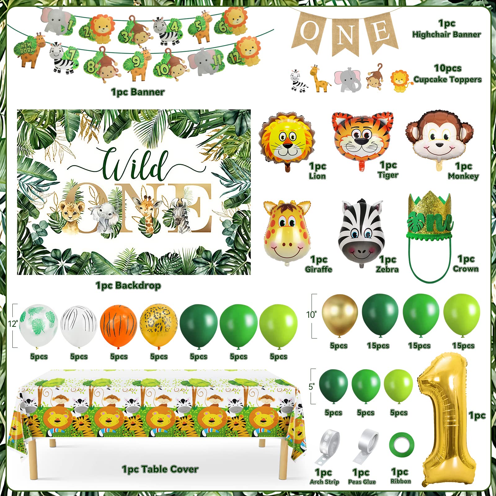 Wild One Birthday Decorations for Boys, Safari First Birthday Decorations, include Backdrop, Tablecloth, Balloon Arch, Highchair Banner, Monthly Photo Banners, Crown, Jungle Animals Foil Balloons