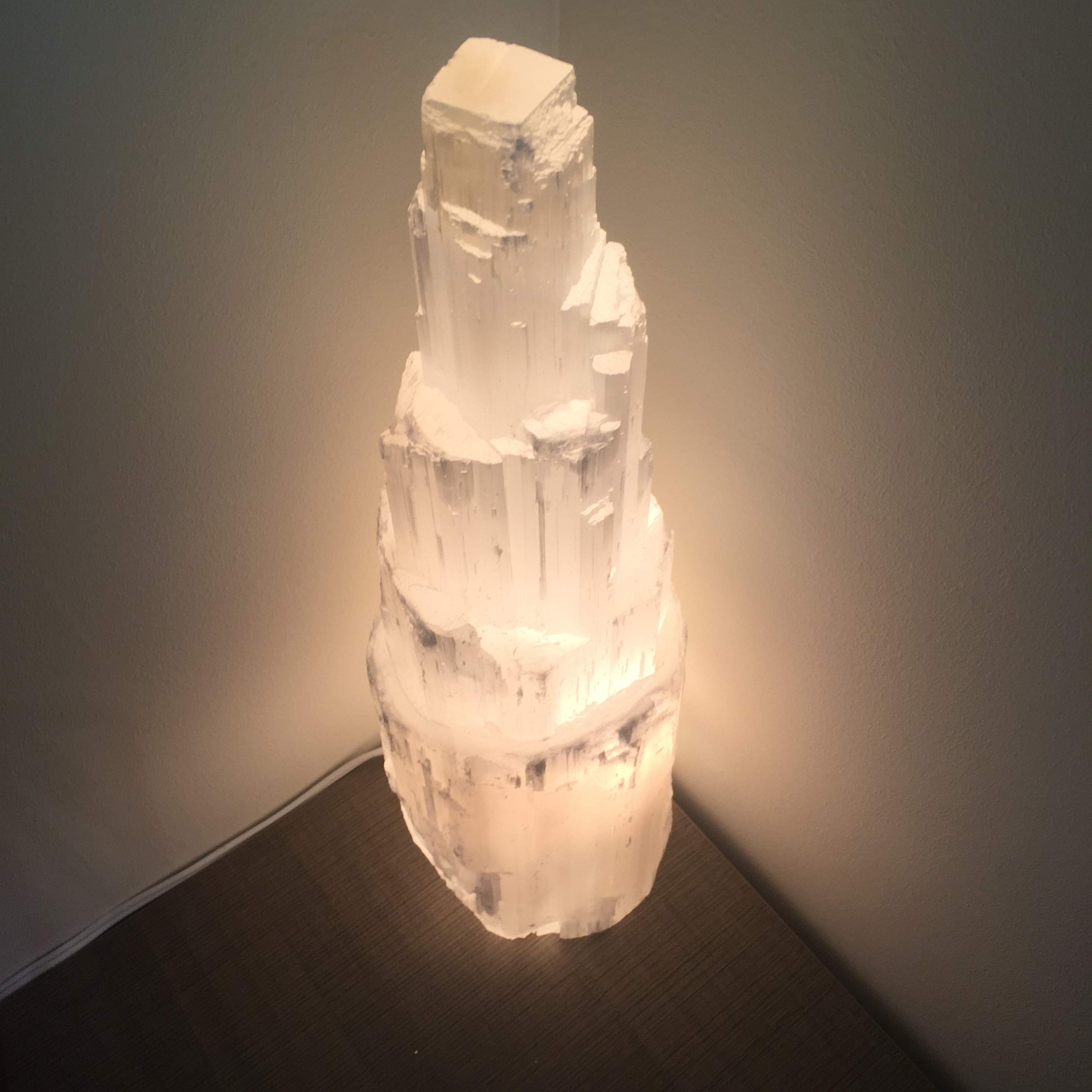 Selenite Skyscraper by CuartoAstral (Medium) Healing Stone Activated by Reconnective Energies - Cleansed by Exposure to Healing Frequencies - Harmonizer - Protection - Peace - LED Bulb and White Cord