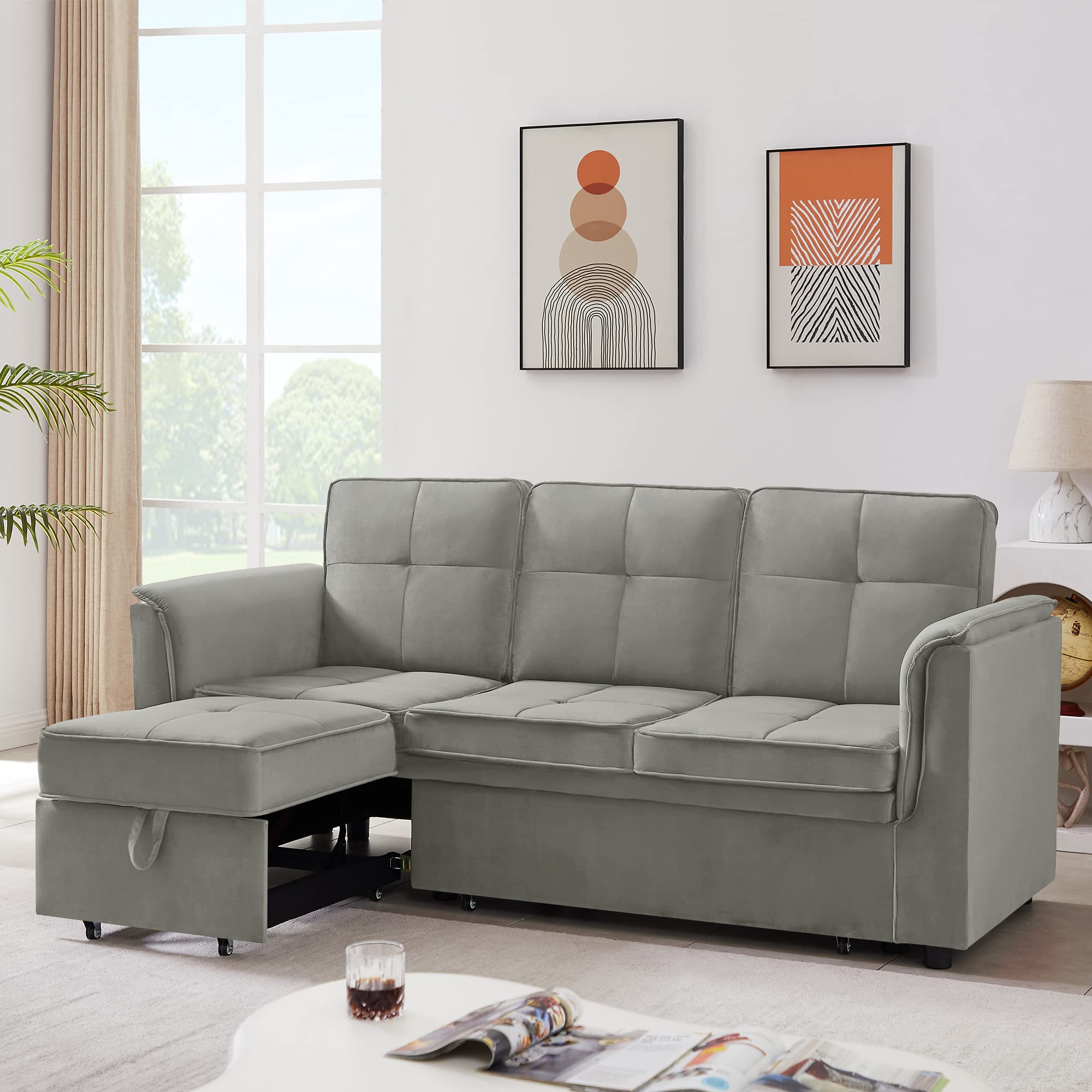 PHOYAL Combination Sofa Bed, Pull-Out Sofa 3 Seater Couch Sofa Upholstered L-Shaped 3-Seat Sleeper Sofa Pull Out Sleeper Pull Out Sofa Bed Couch for Living Room (Grey)