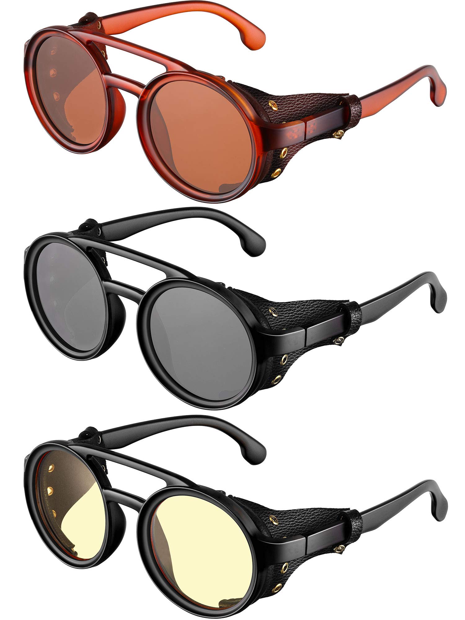 Weewooday 3 Pairs Retro Round Steampunk Sunglasses with Faux Leatherwear for Men Women (Vintage Color)