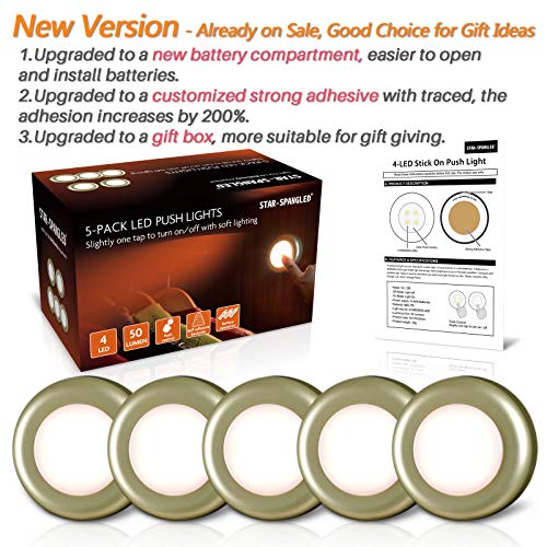 STAR-SPANGLED 5 Pack 2.8β Push Tap Lights, Stick on Touch Puck Lights AAA Battery Operated, LED Sticky Button Lights for Classroom, Kitchen, Under Cabinet, Closet (Golden, Warm White)