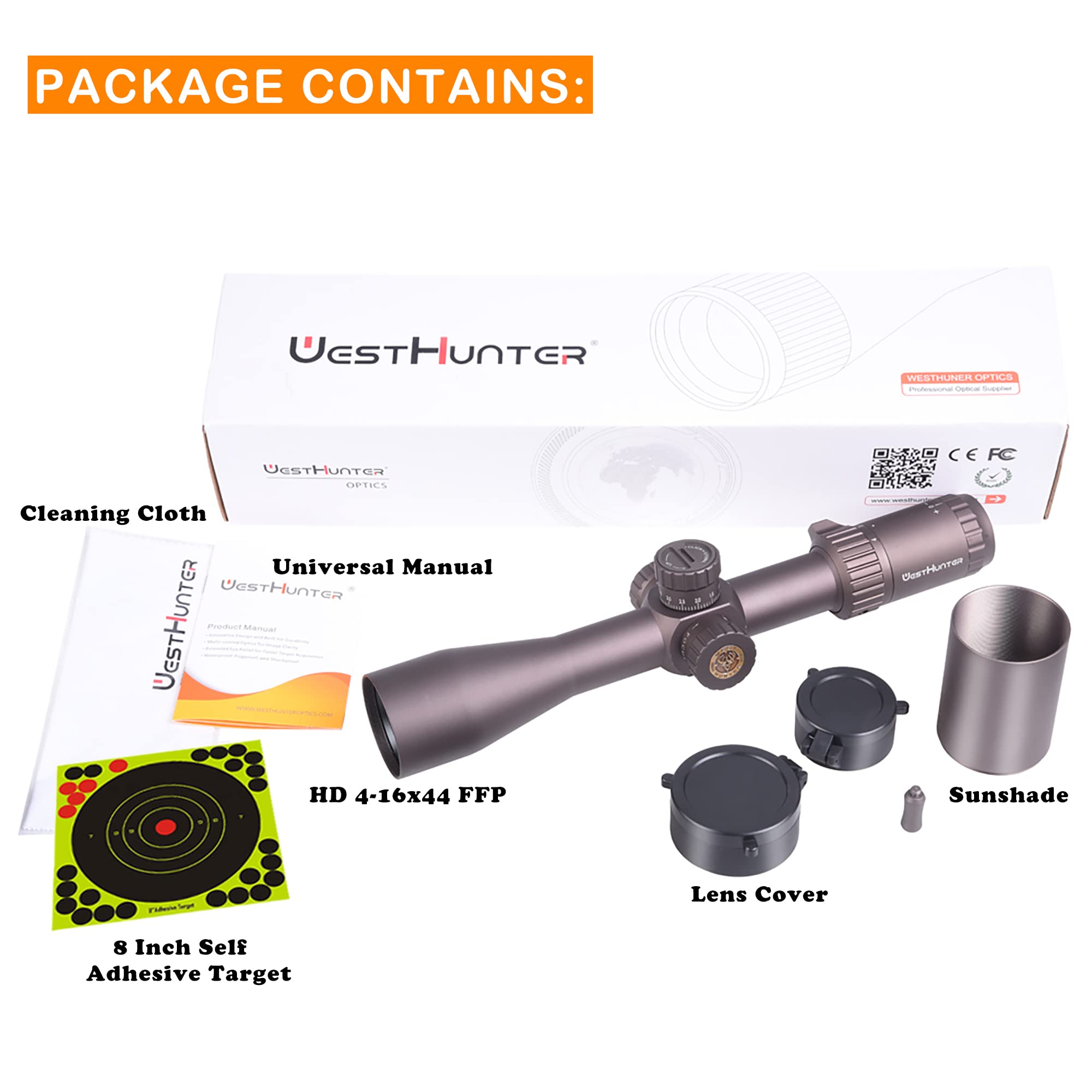 WestHunter Optics HD 4-16x44 FFP Scope, 30mm Tube First Focal Plane Tactical Wide Field of View Precision 1/10 MIL Riflescope | Brown, Only Optics & Basic Accessories