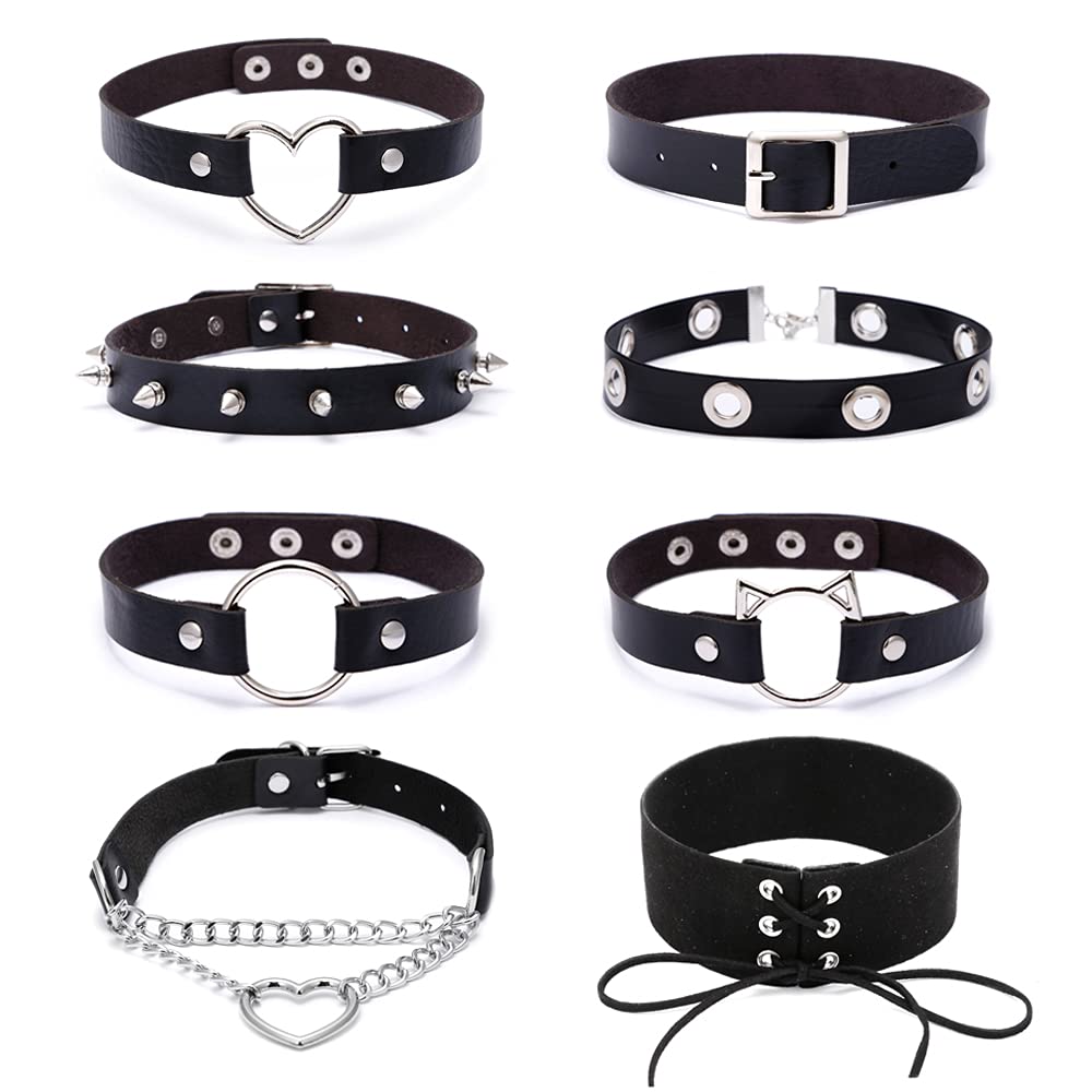 XIMEO 8PCS Black Leather Choker Necklaces - Punk Goth Adjustable PU Leather Choker Collar Metal Rivet Spiked Choker