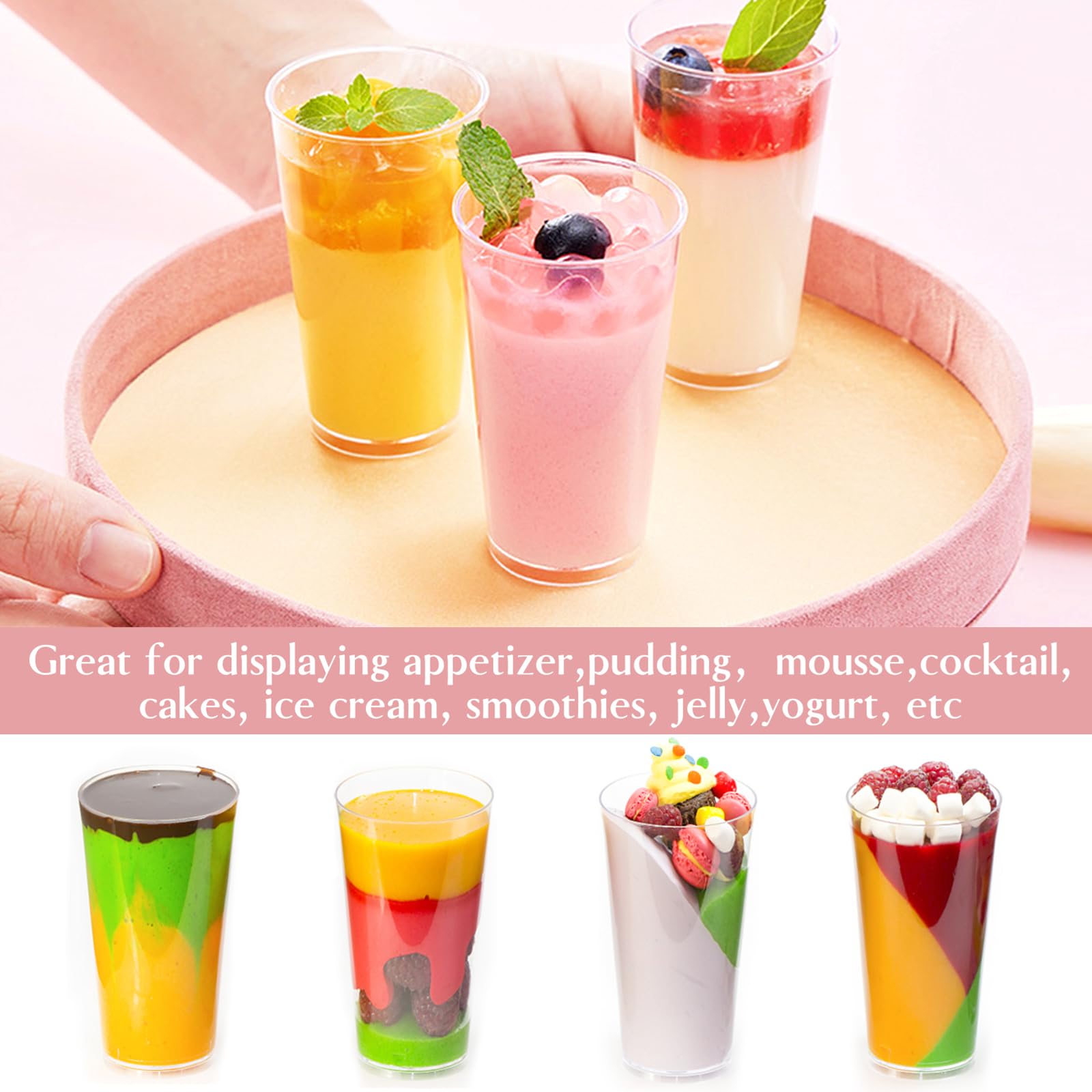 TOFLEN 50 Pack 3 oz Mini Dessert Cups with Lids and Spoons, Round Tall Plastic Dessert Shooters Party Serving Tumbler Cups for Parfait Appetizers & Dessert Shot Glasses