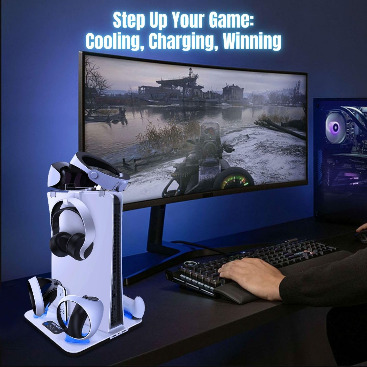 TNP Cooling Stand for PlayStation 5 with Cooling Fan & Charging Station - 4 Speed Modes Cooling Fan for PS5, Multiple Controller Charger Stand for PS5 Controllers, Display Stand for PS5 Headset