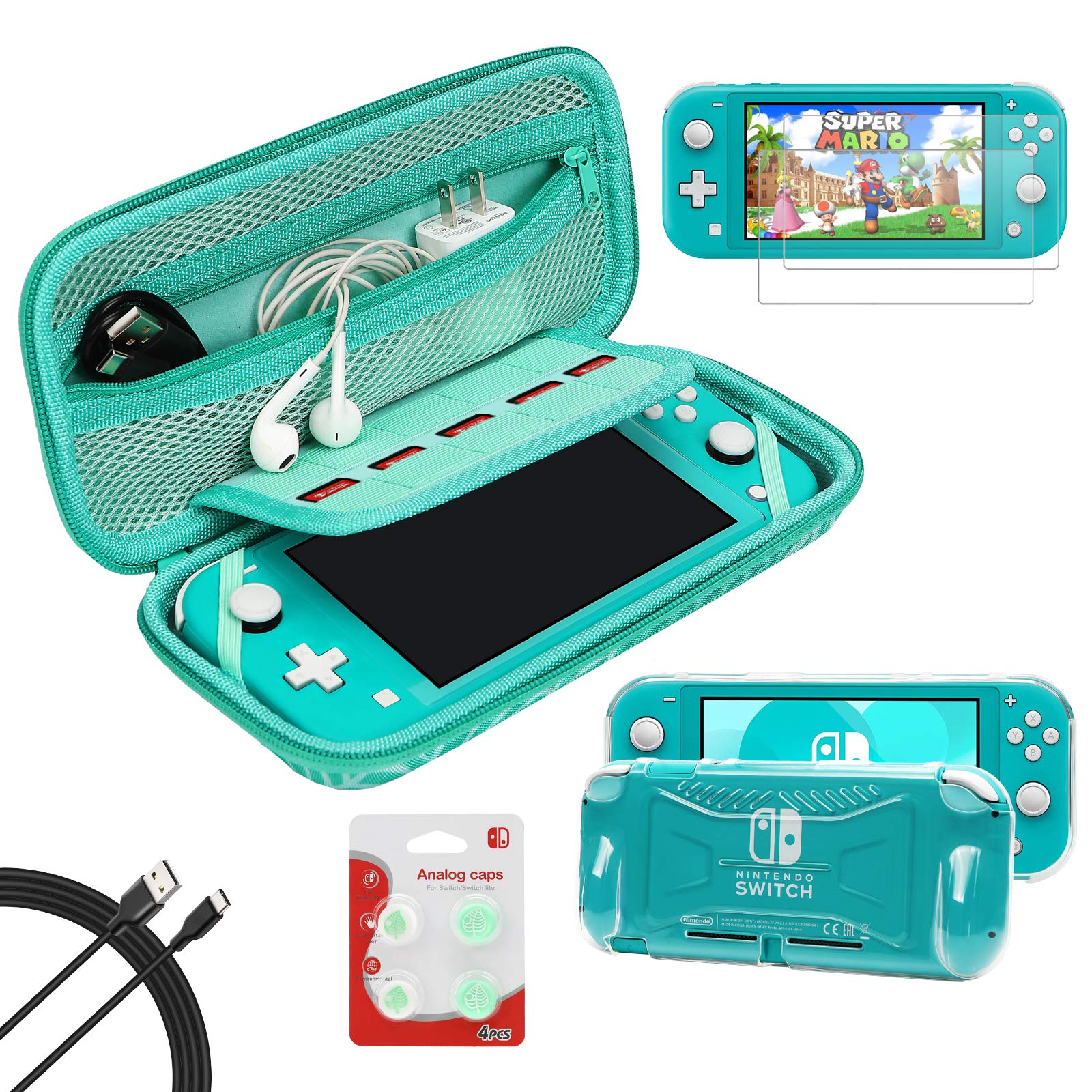Switch Lite Accessories Bundle, Kit with Carrying Case,TPU Case Cover with 2-Pack Screen Protector,USB Cable, 4 Thumb Grip Caps for Nintendo Switch Lite (Switch Lite Accessorise Turquoise)