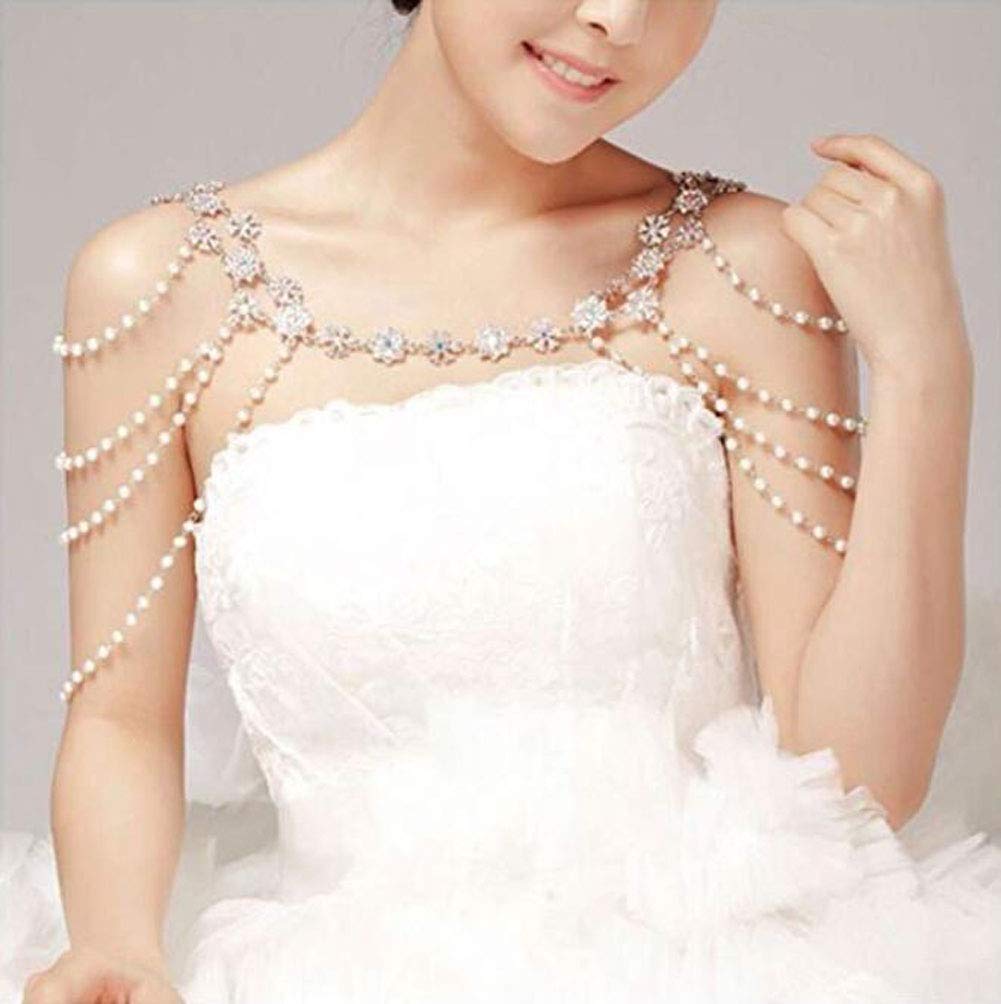 Suoirblss Lady Tassel Shoulder Body Chain Wedding Bridal Imitation Pearl Rhinestone Shoulder Necklace - Wedding Body Statement Jewelry