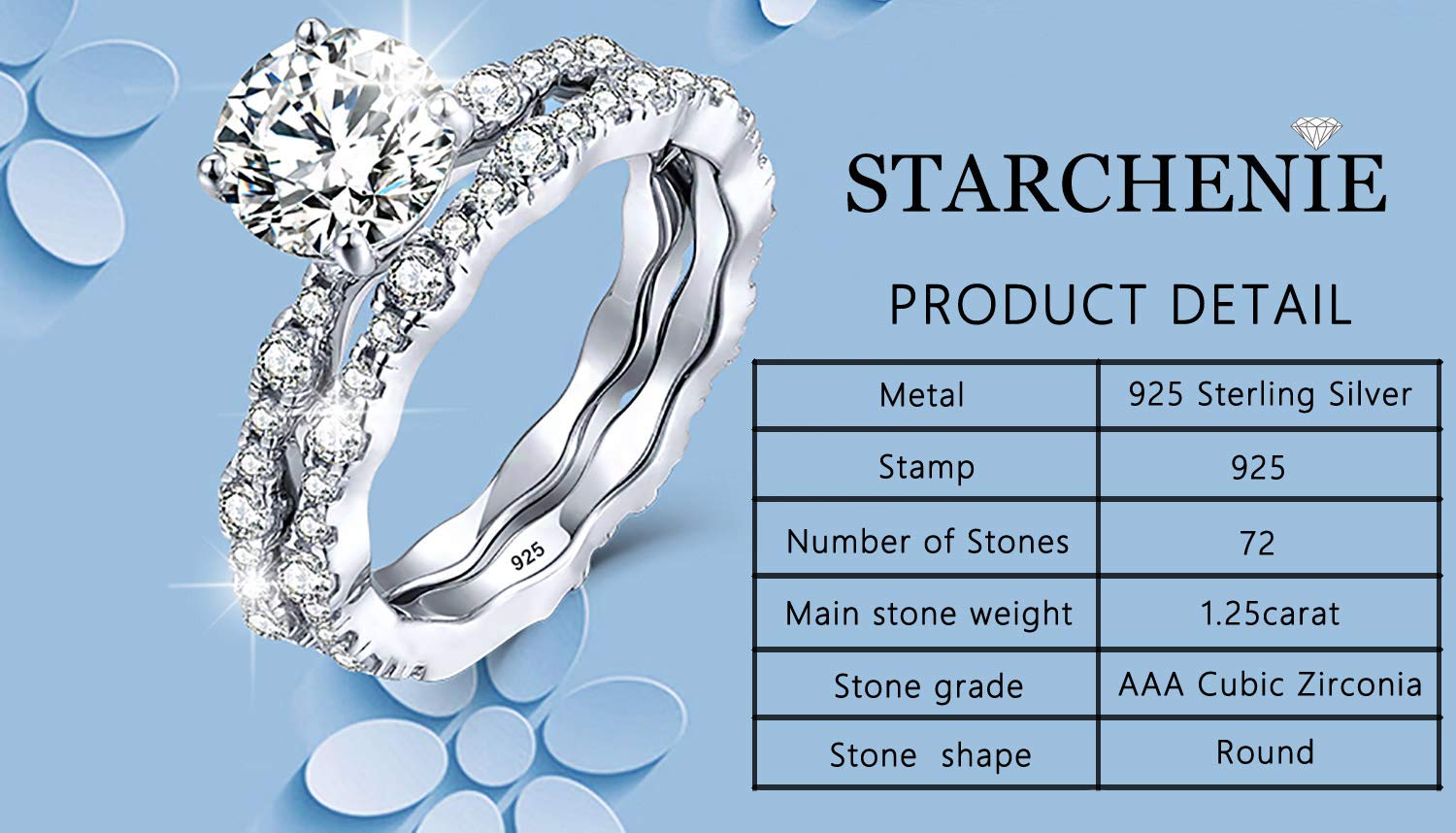 STARCHENIE 1.25 Ct Cubic Zirconia Engagement Rings Set for Women Sterling Silver CZ Wedding Bridal Ring Set
