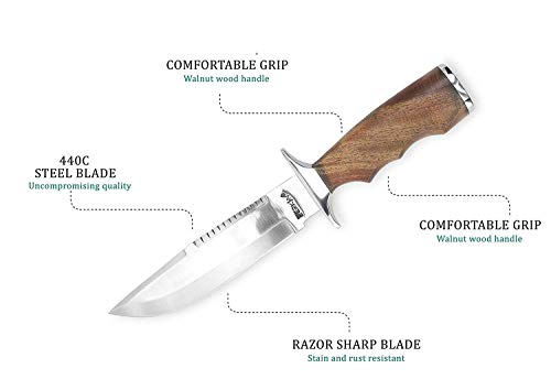 Perkin Fixed Blade Hunting Knife with Leather Sheath - 440C Steel Blade