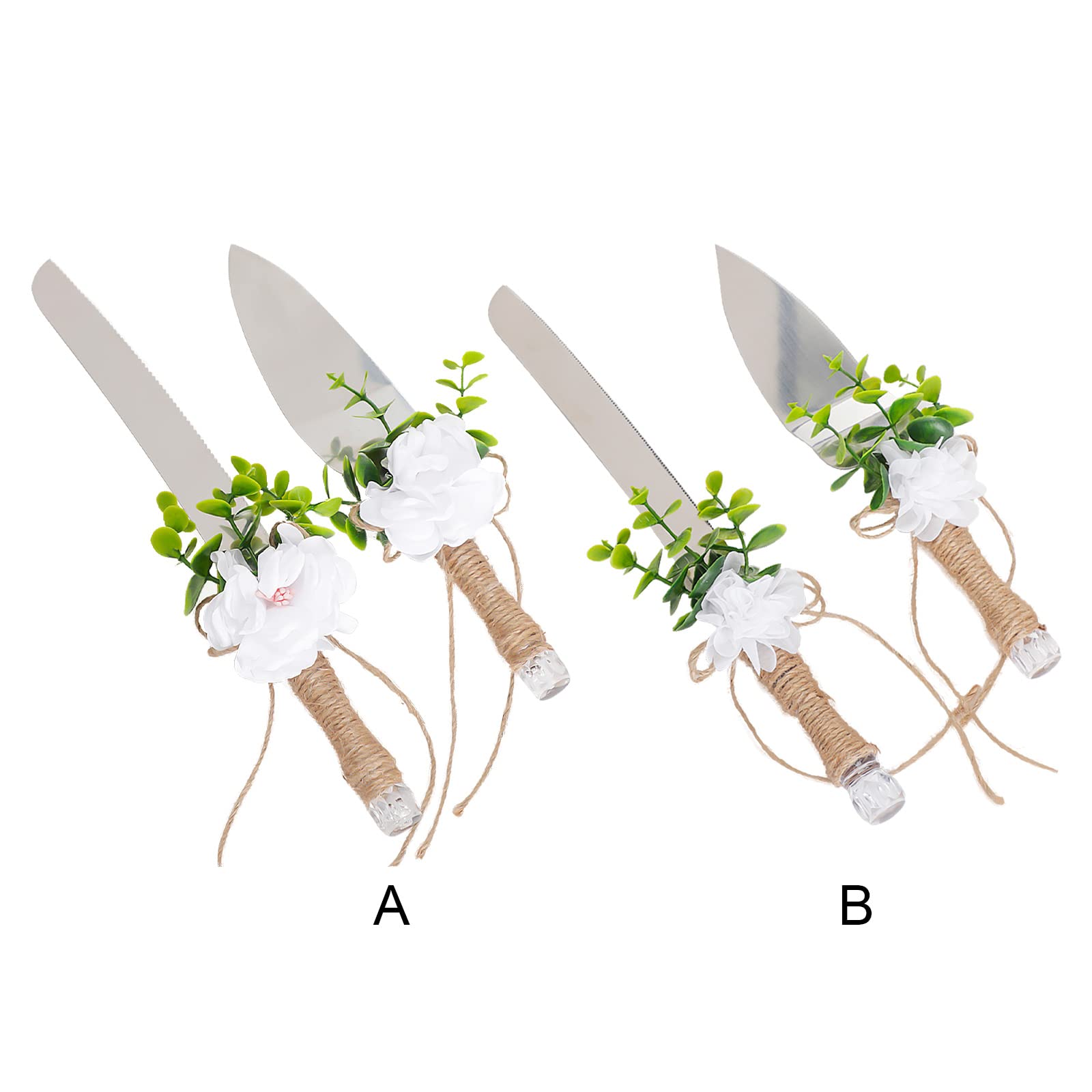 Wedding Cake Knife and Server Set of 2, Rustic Style Stainless Steel Bride and Groom Cake Cutting Utensils with Eucalyptus Leaves and White Roses, Pie Cake Pizza Shovel Cutter, A