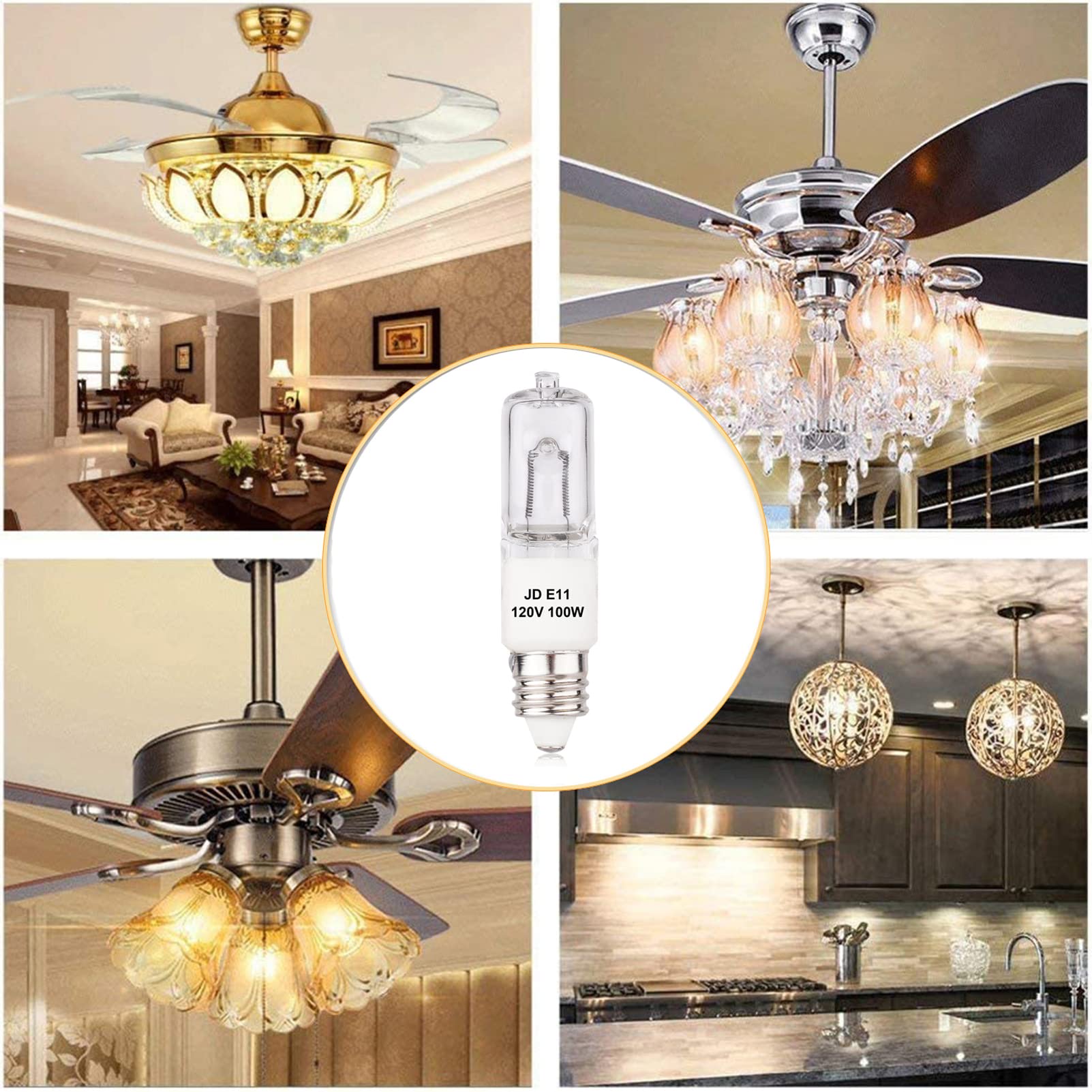XBOCMY 4 Pack JDE11 120V 100W Halogen Bulb Dimmable Warm White 1600lm T4 Mini Candelabra Base for Chandeliers, Ceiling Fan, Cabinet Lighting, Pendants, Table Lamps, etc.