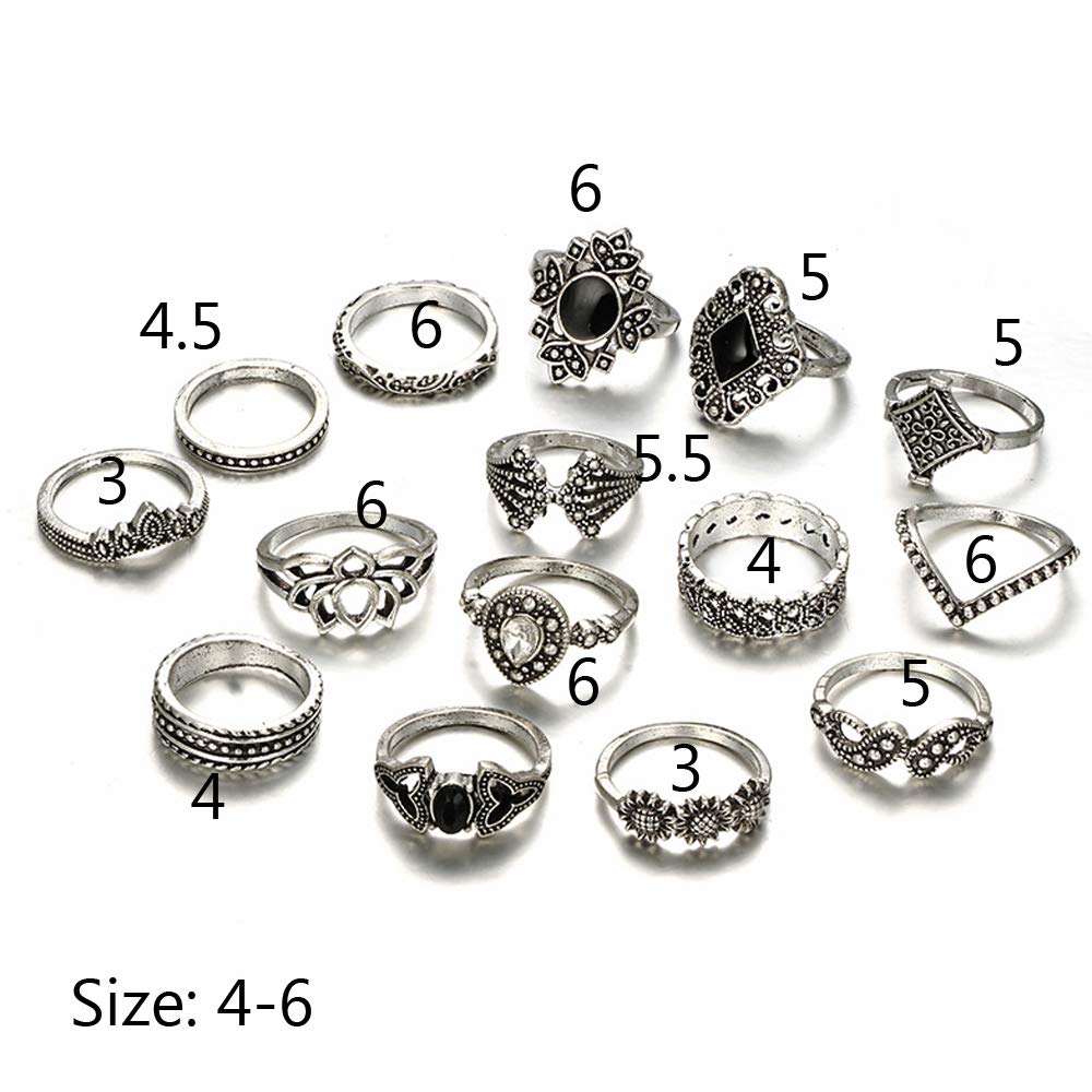 Xerling 15Pcs Vintage Knuckle Ring Set Teardrop Lotus Flower Floral Ring Set Black Gemstone Ring Retro Jewelry Crown Sunflower Geometric Finger Stacking Rings