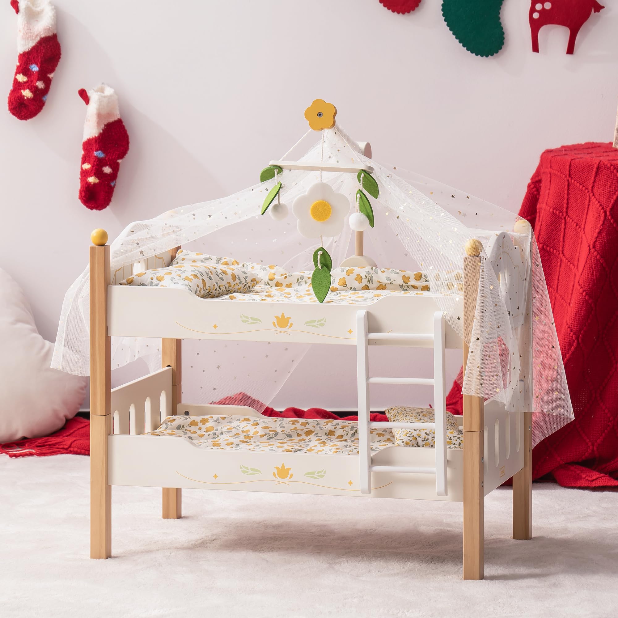 ROBOTIME Baby Doll Bunk Beds, Baby Doll Crib for 18 inch Dolls, Wooden Doll Bed Toy with Doll Bedding