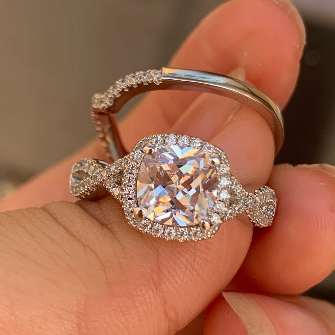 Wuziwen 2 Carat Wedding Ring Bridal Set for Women 925 Sterling Silver Cushion Cubic Zirconia Size 5