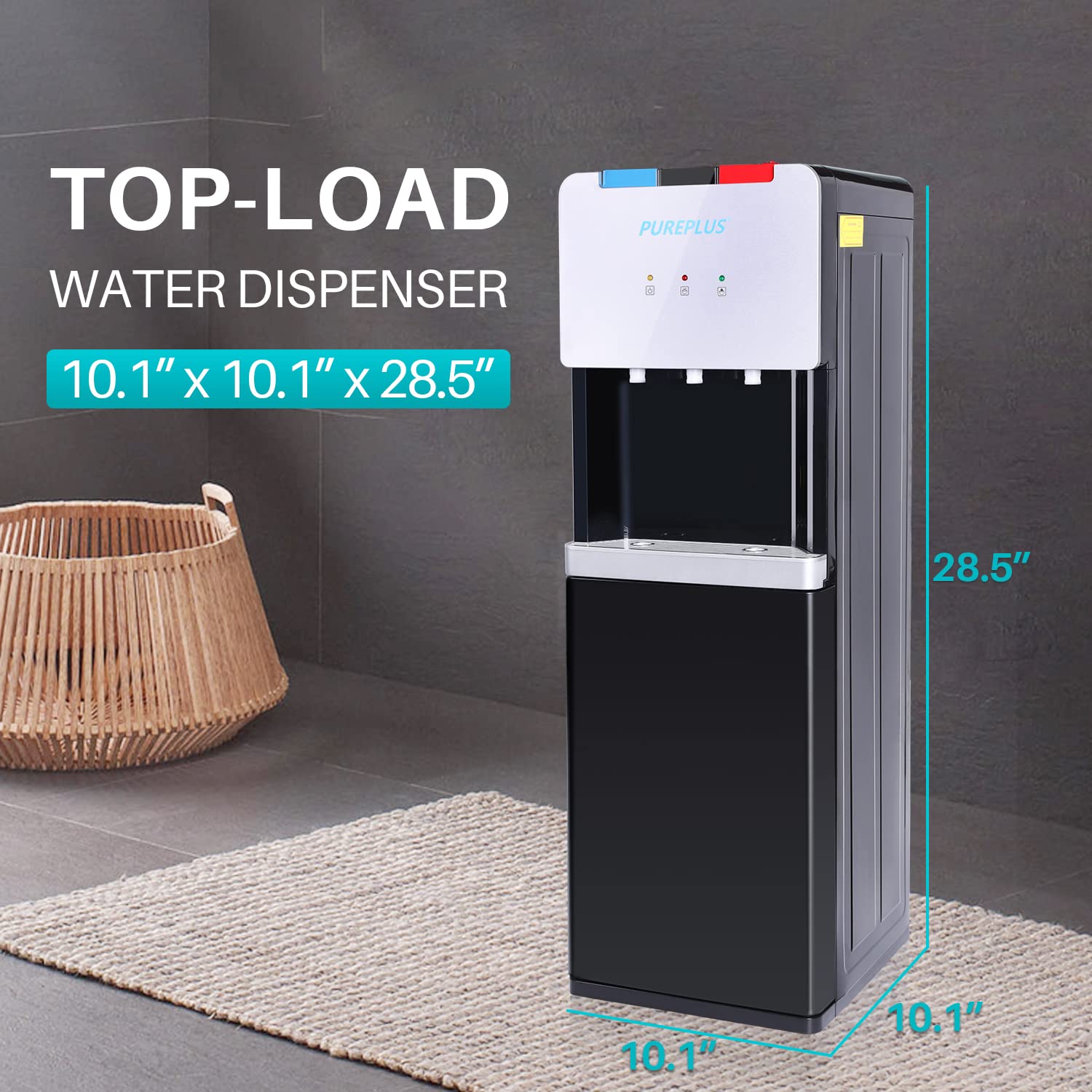 PUREPLUS Water Cooler Top Loading Water Dispenser, Hot Cold & Room Temperature Water, Child Safety Lock, Holds 3 or 5 Gallon Bottles, Compression Refrigeration Technology, ETL Approved, Black