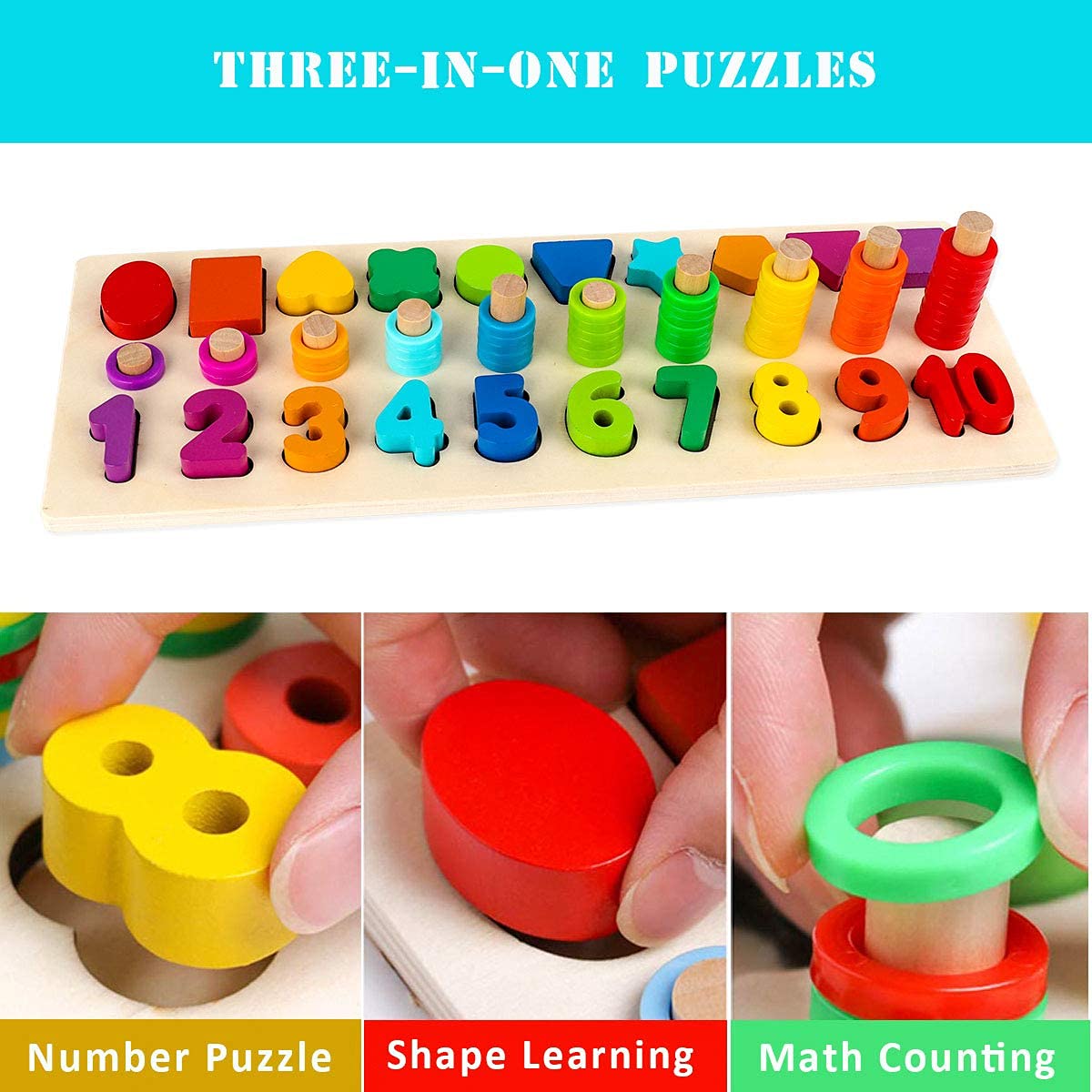 Sendida Montessori Math Shapes Puzzle Toys - Toddlers Stacking Wood Blocks Number Toys Stacking Shape Sorting Toys Early Learning Toys for Kids Preschool Counting