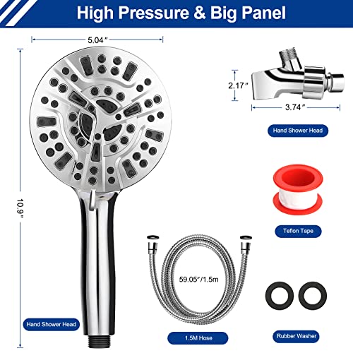 ZDP High Pressure Handheld Shower Head,10 Mode High Flow Hand Held Showerhead Set,5.04IN Showerhead 59IN Stainless Steel Hose Adjustable Brass Ball Bracket Built-in Power Wash To Clean Tub Tiles Pets
